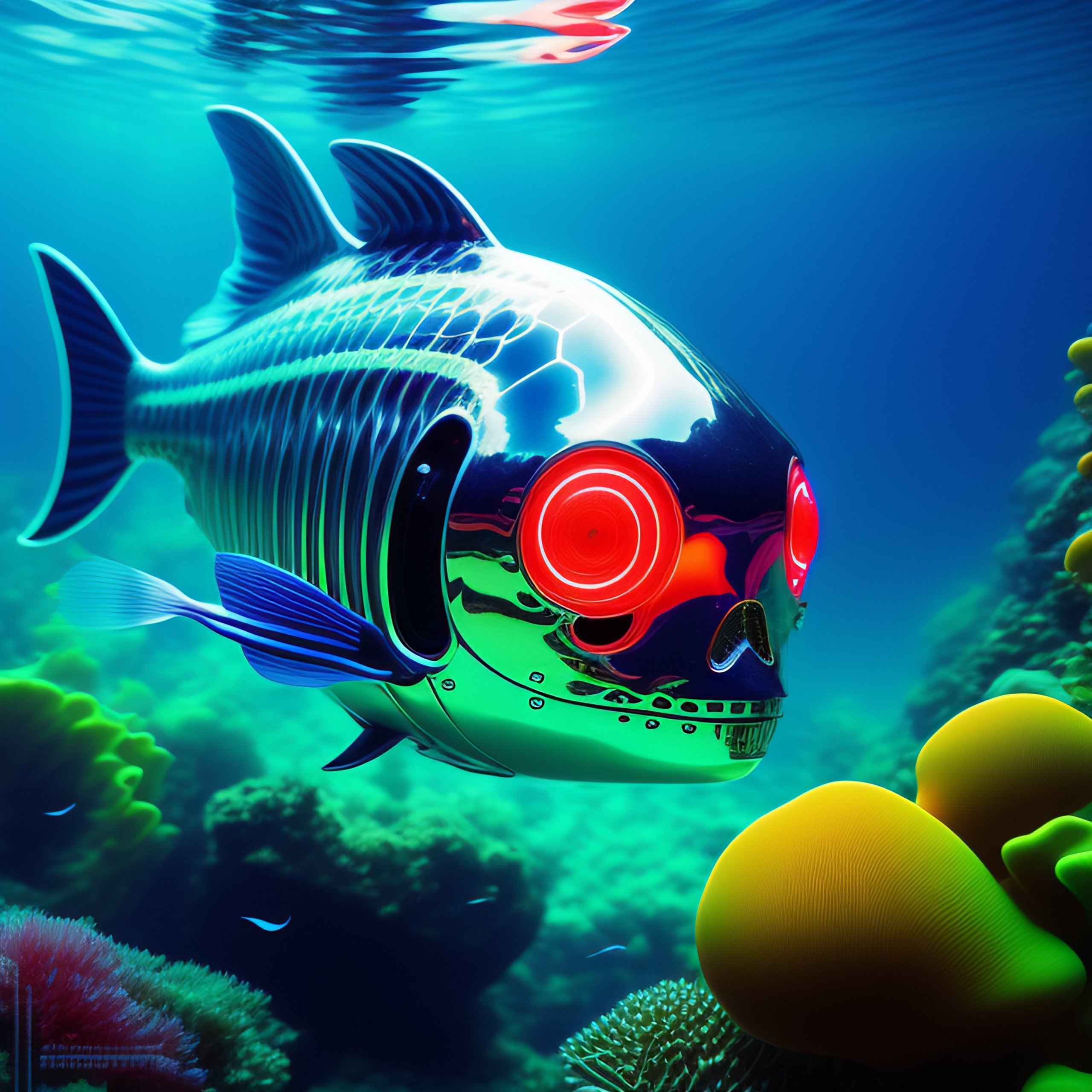 Lexica - Chrome skeleton with neon glowing red eyes underwater, coming ...