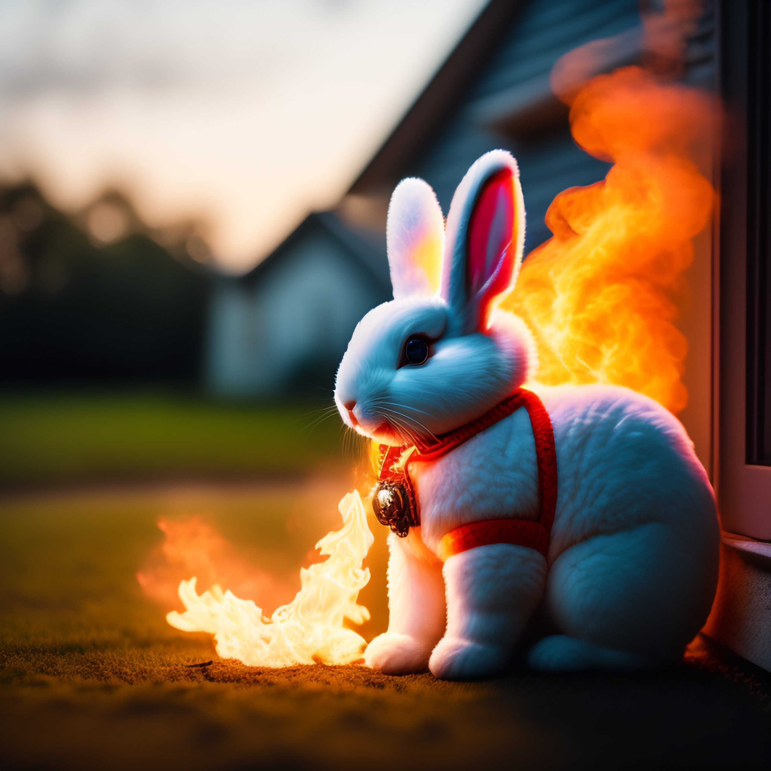 Lexica - Burning bunny robot working on a tablet and sitting in the ...