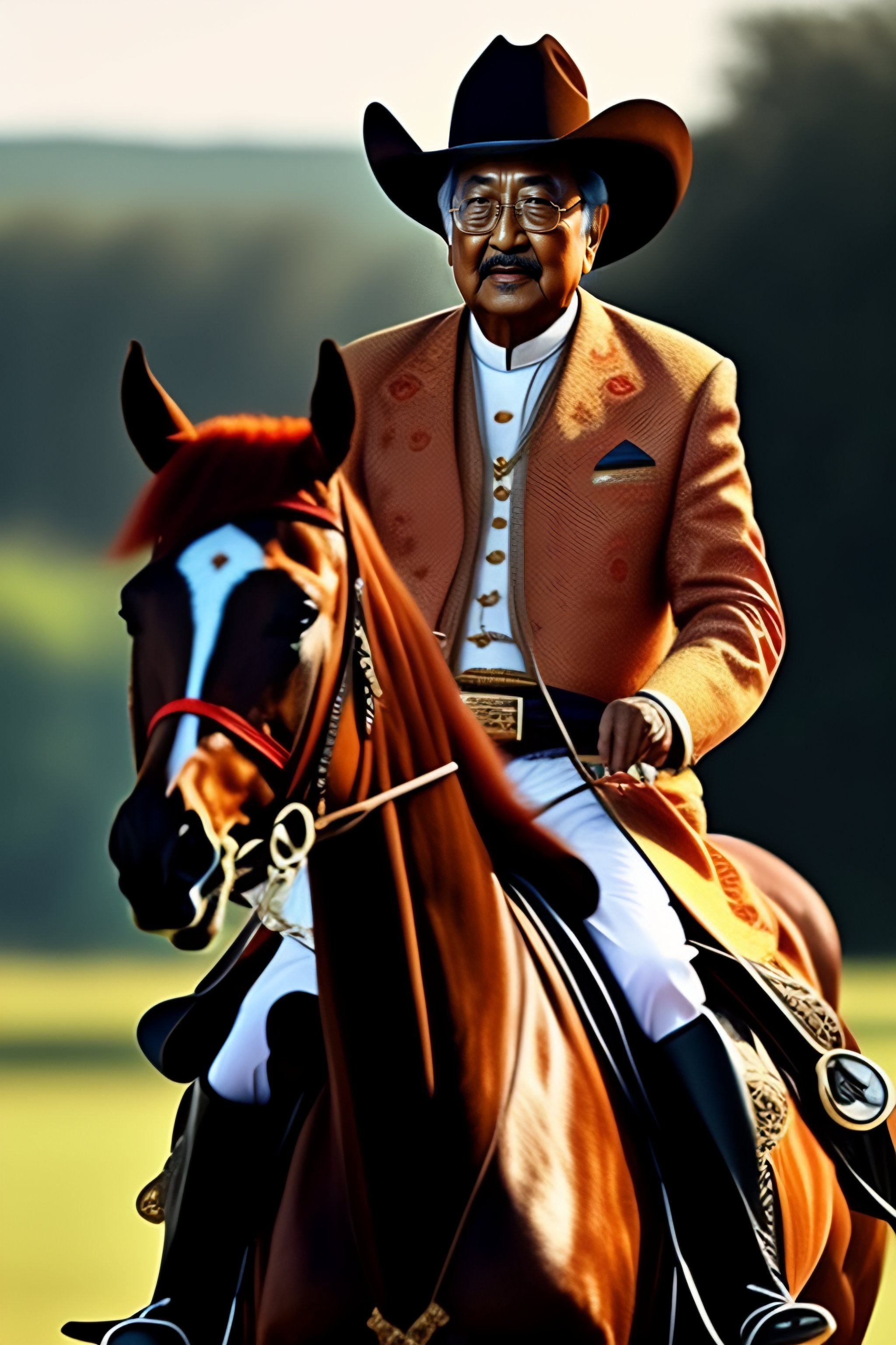 Lexica - Dr Mahathir in cowboy suit riding a horse, shooting a tomahawk ...