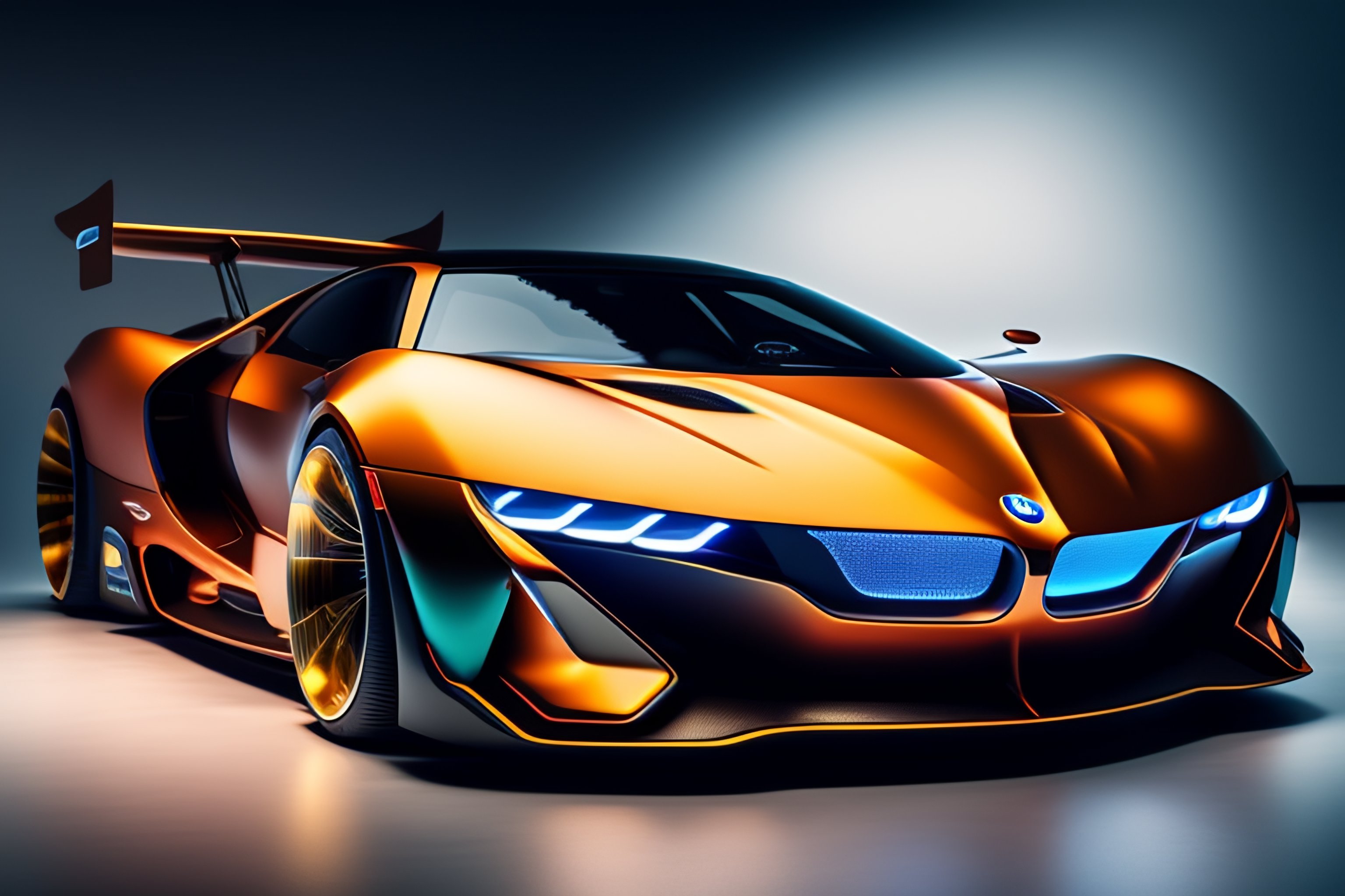 Lexica - Futuristic BMW supercar with glowing graphics in showroom