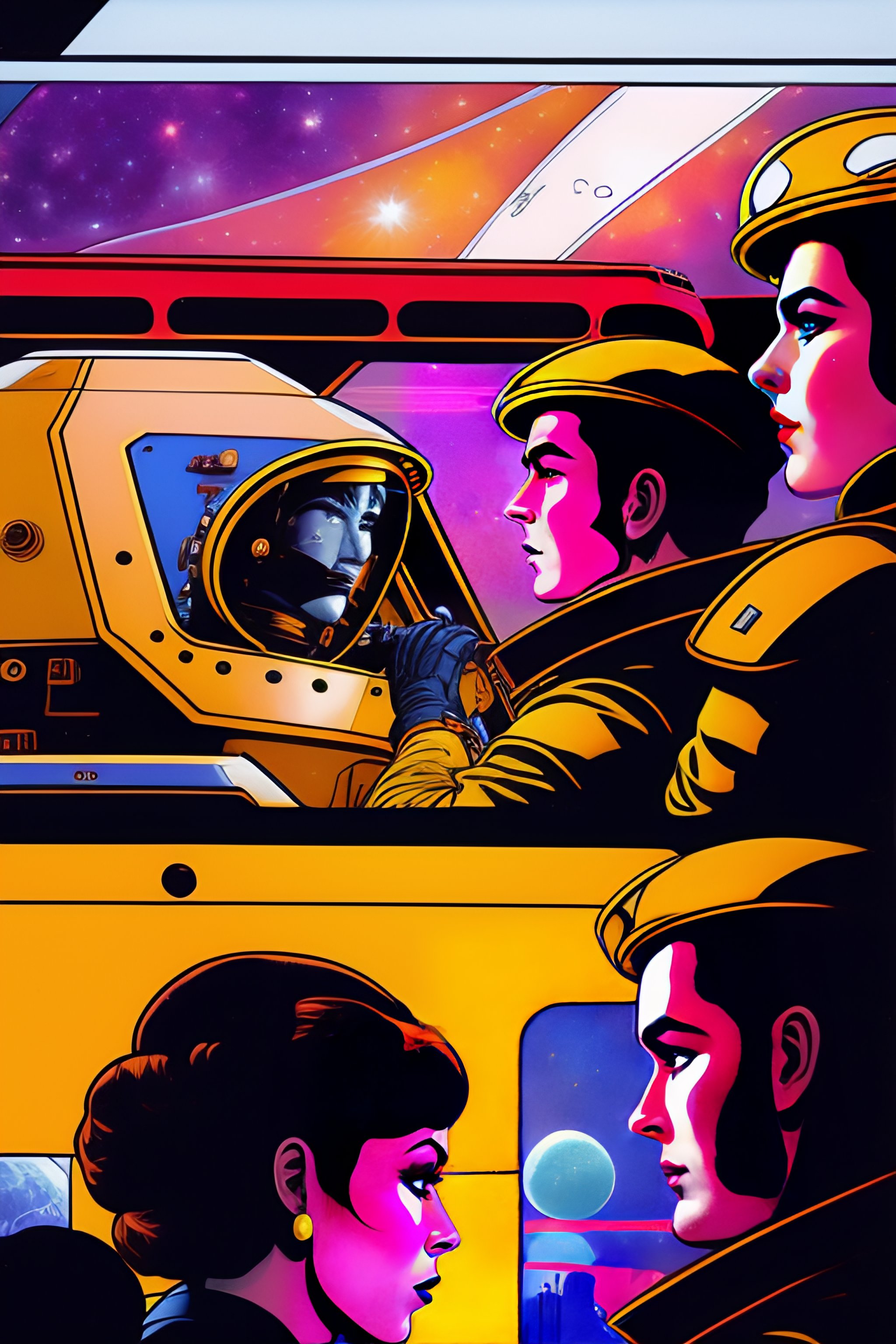 Lexica - Retro space captain giving commands to the crew in spacecraft ...