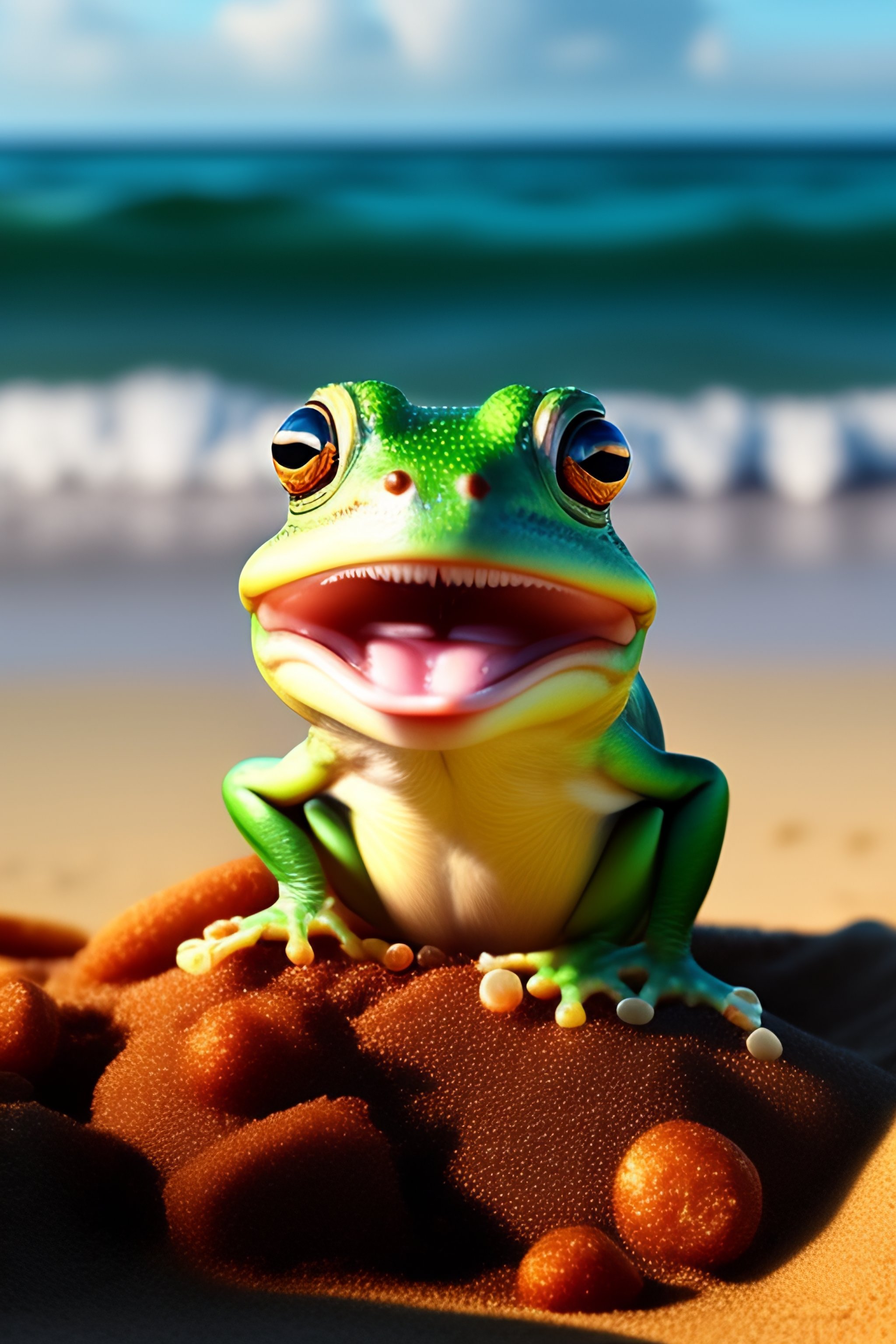 Lexica - A crazy frog eating peanuts on the beach