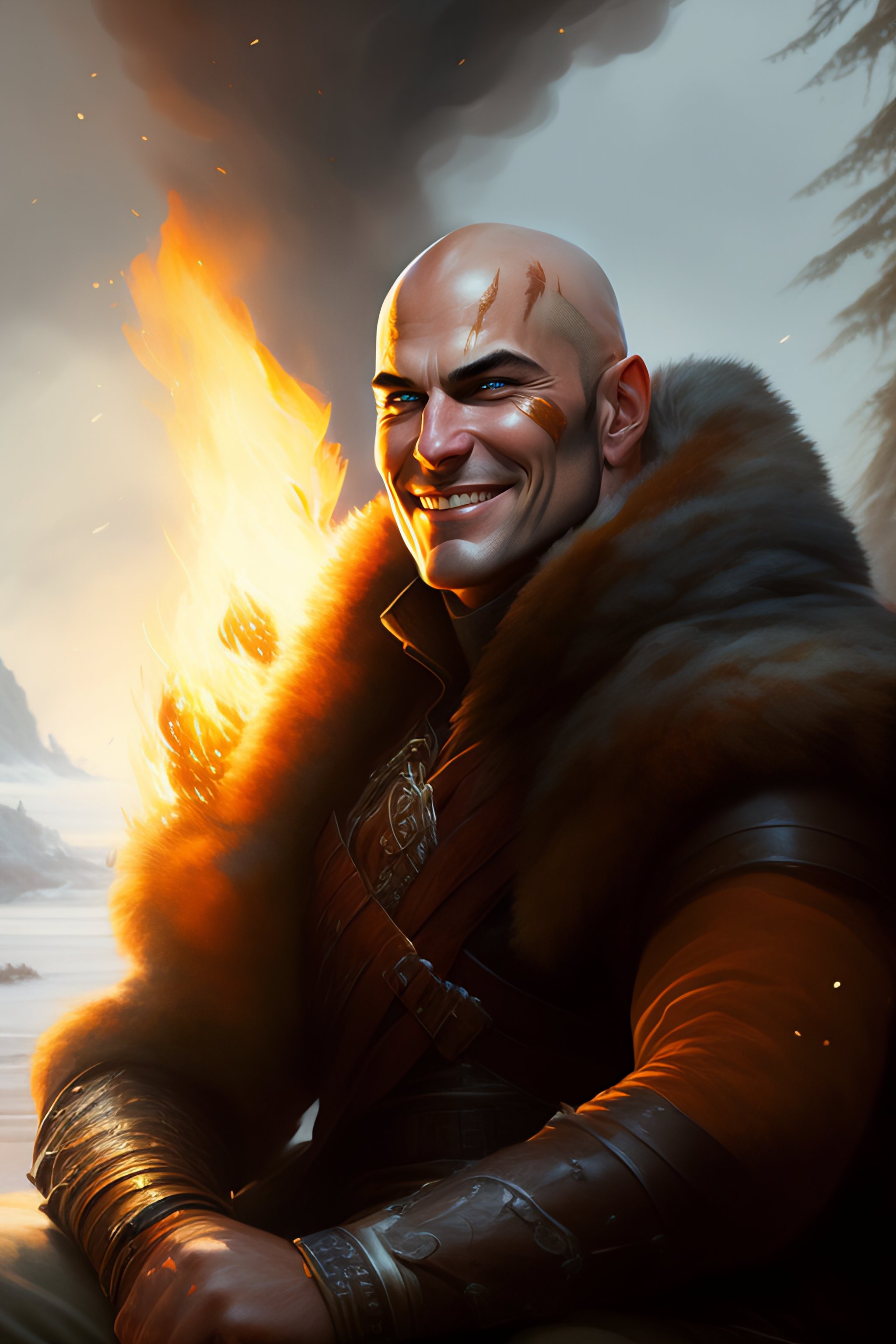 Lexica - Bald clean-shaven beowulf sitting by a campfire and laughing ...