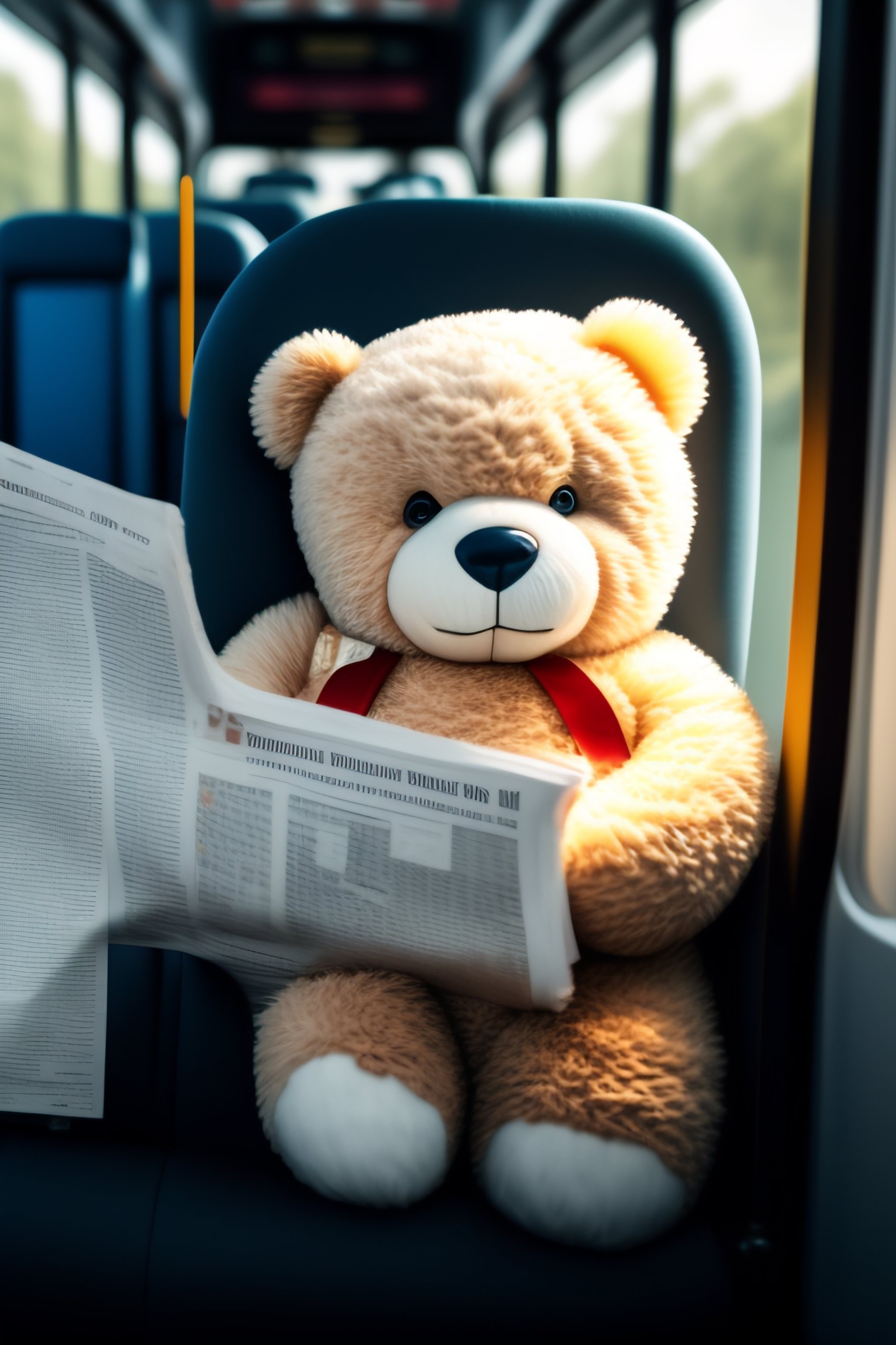 Lexica - Angry white teddy bear reading newspaper in the bus