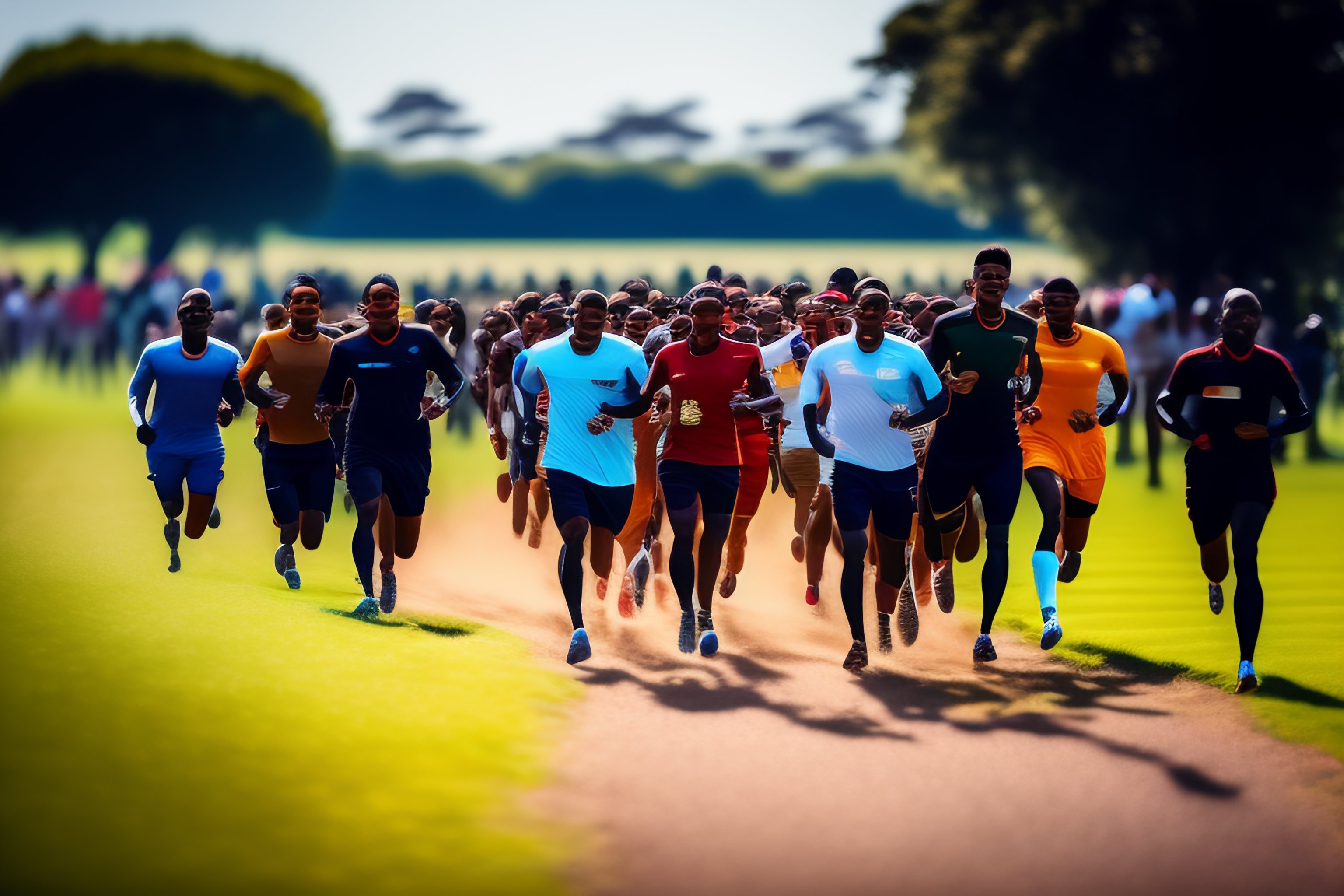 Lexica - Background full of people chasing, front view, grass ground ...