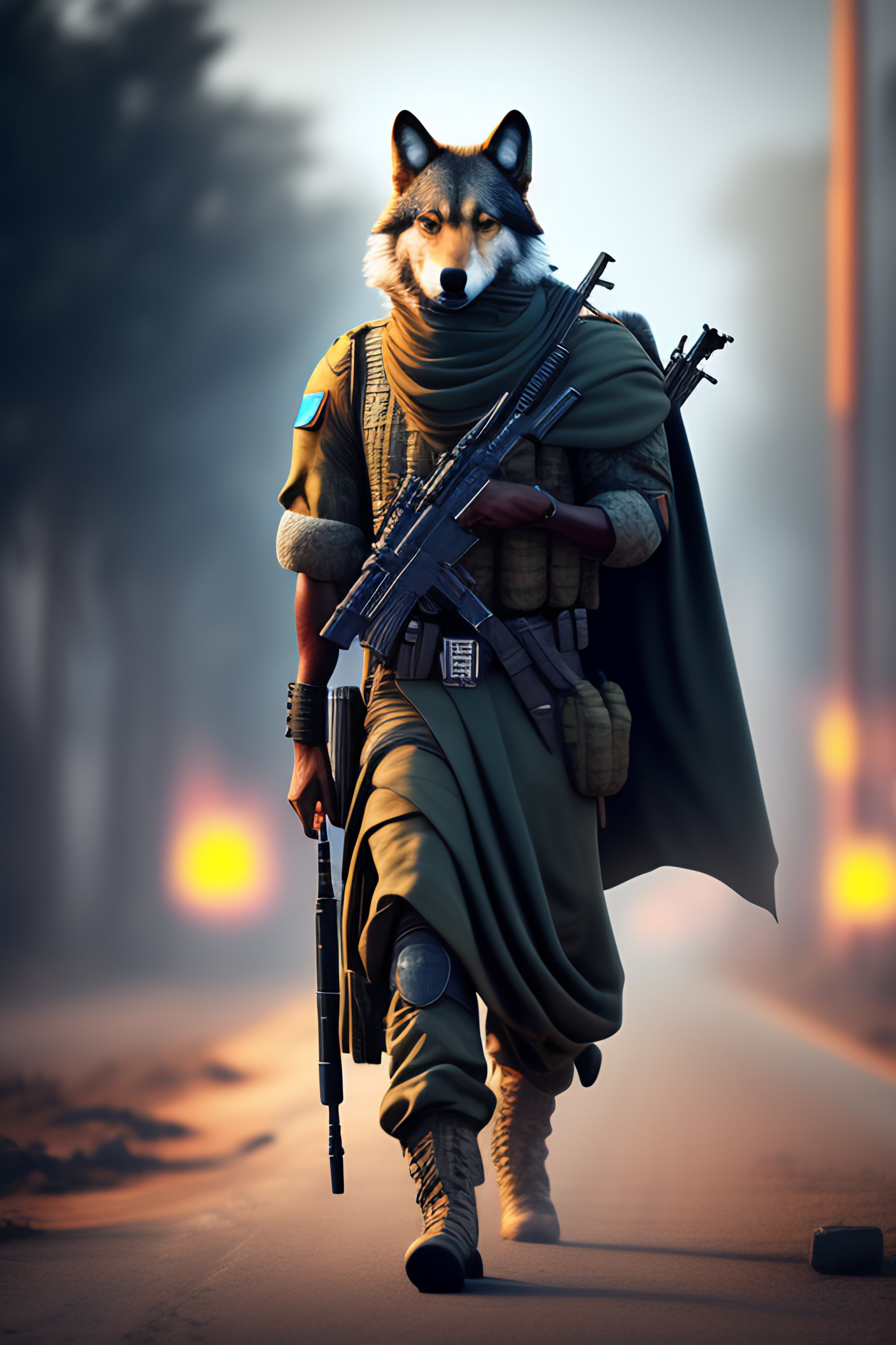 Lexica - A military wolf with a machine gun walking holding flag of ...