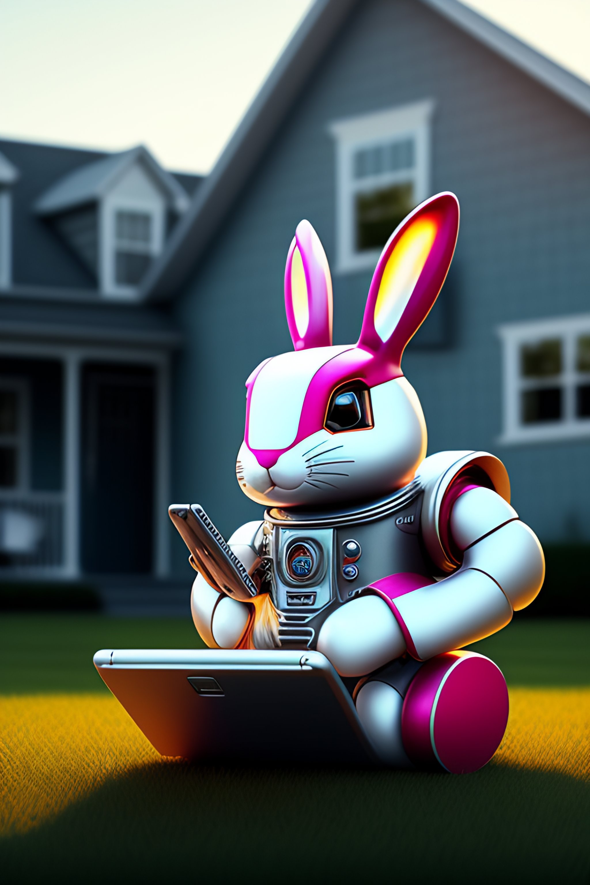 Lexica - Bunny robot working on a tablet and sitting in the front of ...