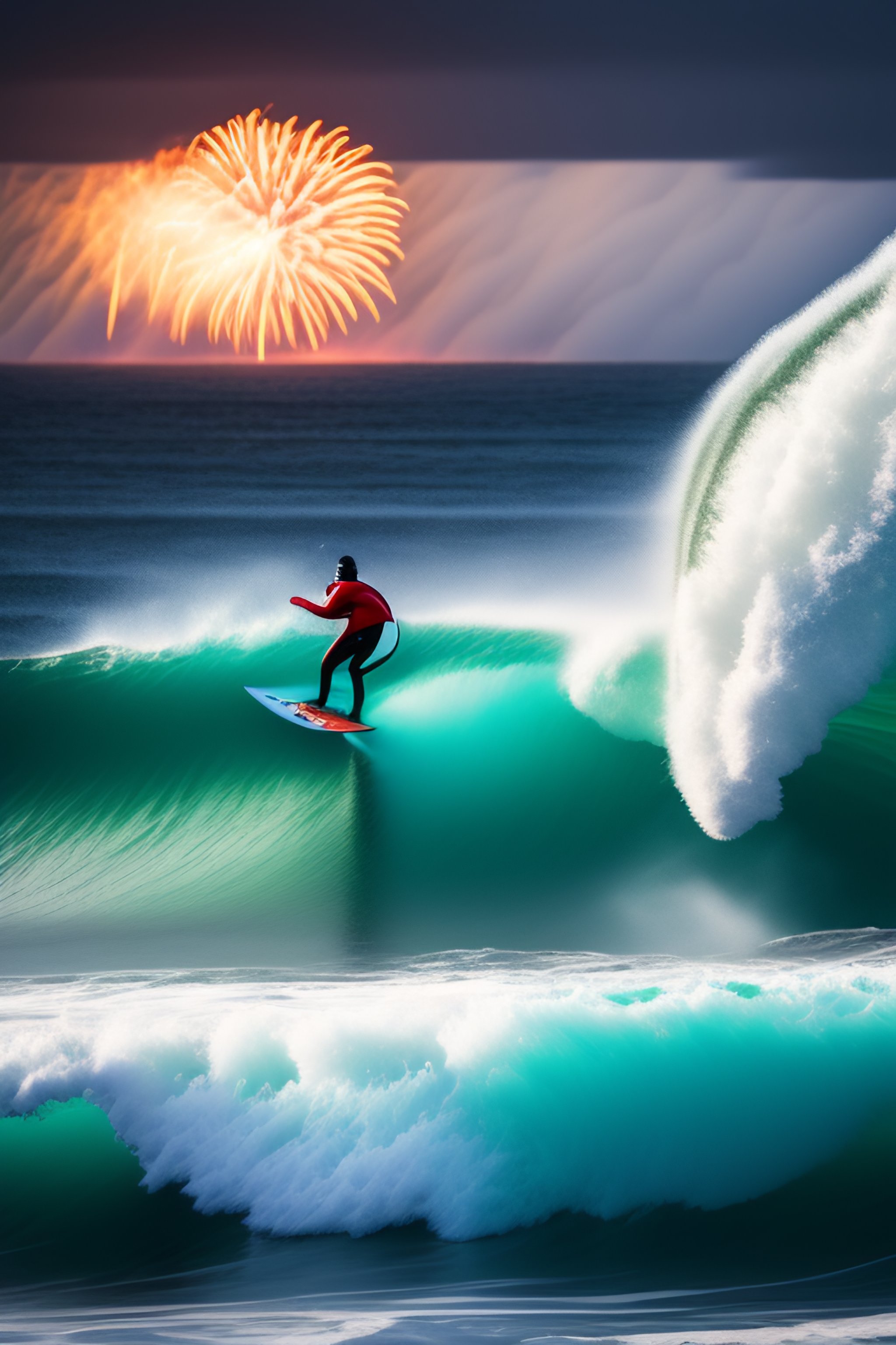 Lexica - New years fireworks with kite surfer and surfer on large wave