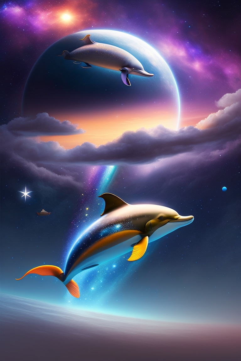 Lexica - A dolphin swims in space among the stars, clouds and planets