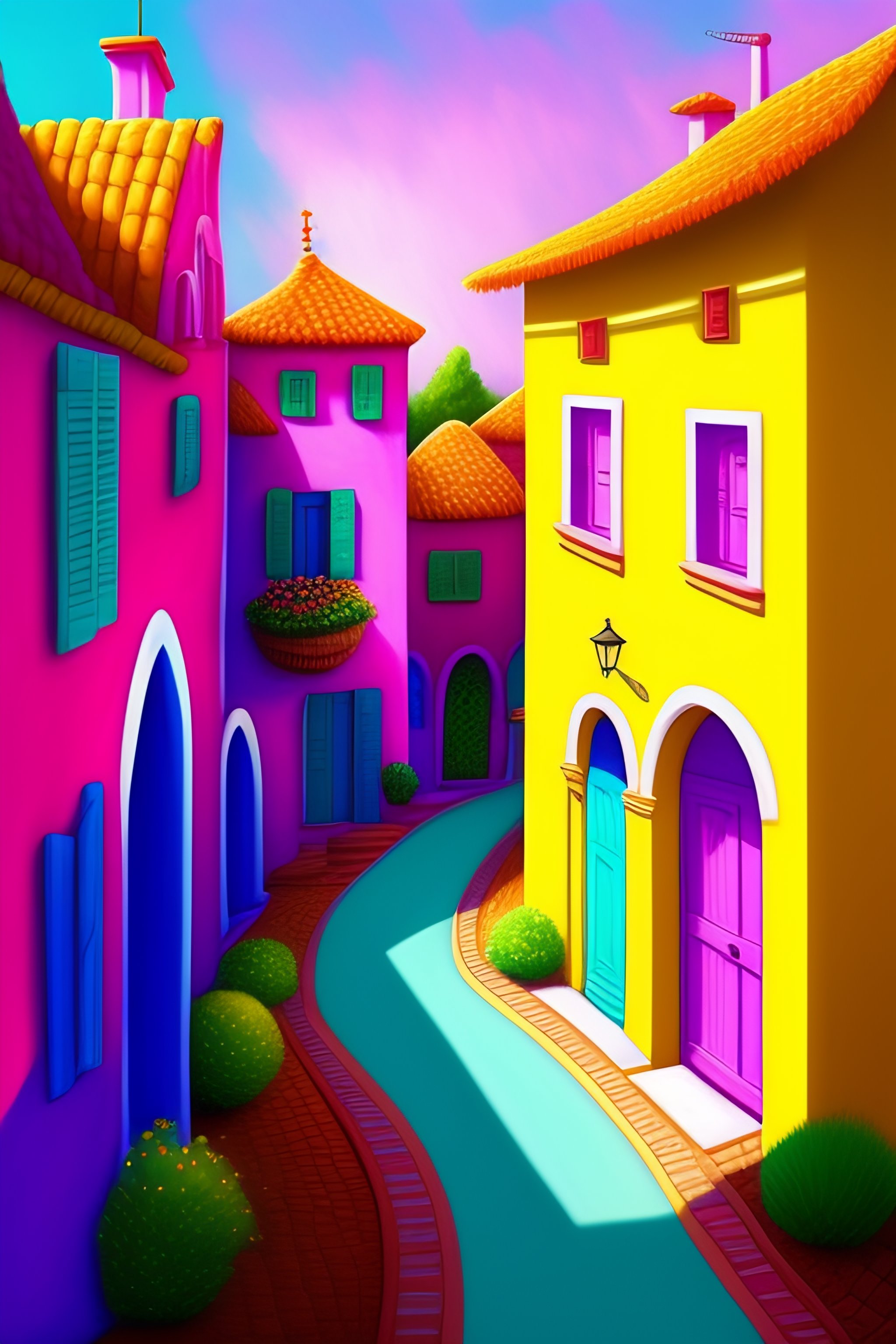 Lexica - Draw an illustration of a village bathed in bright and varied ...