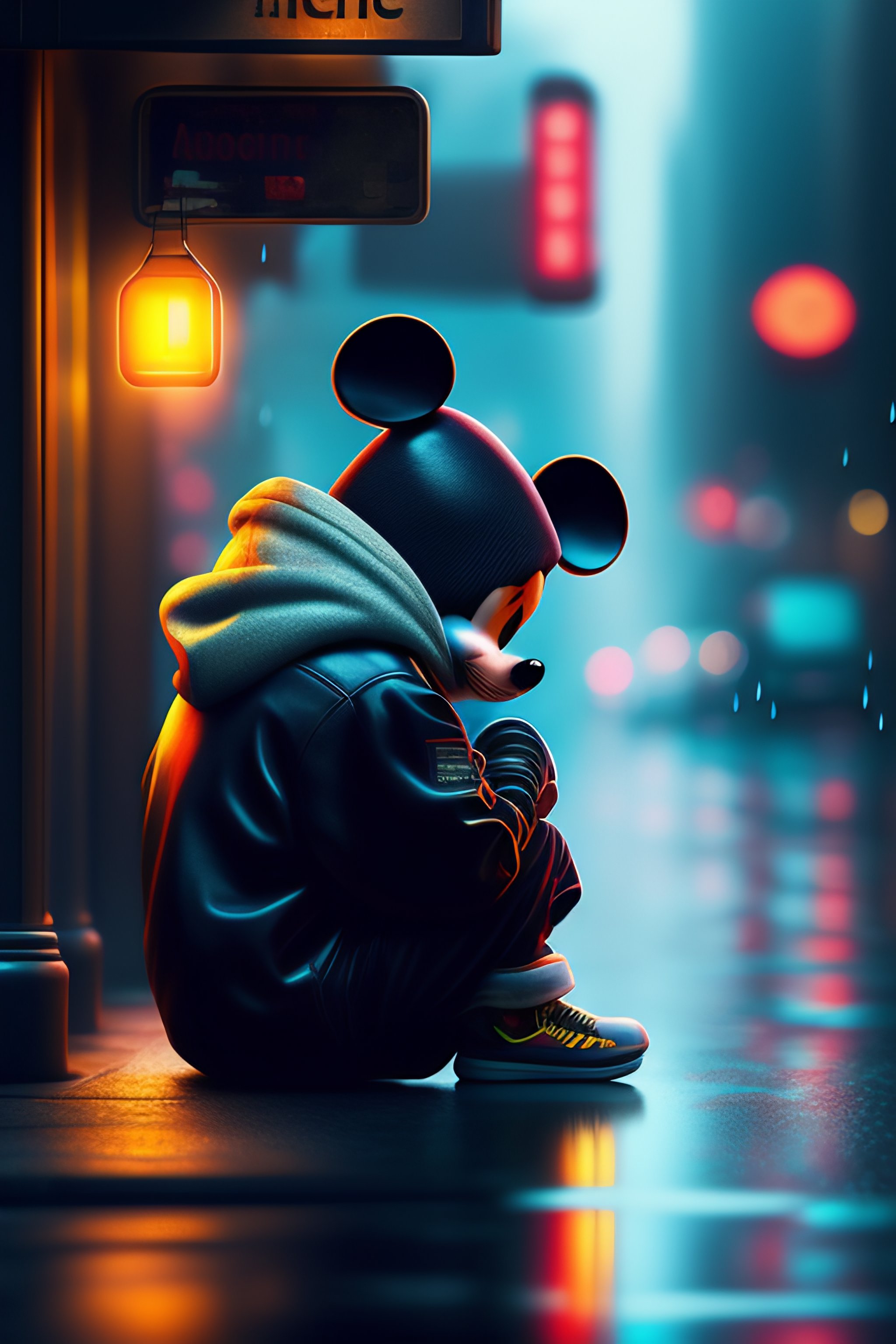 Lexica - Homeless mickey mouse sitting dejected on a curb, bottles at ...