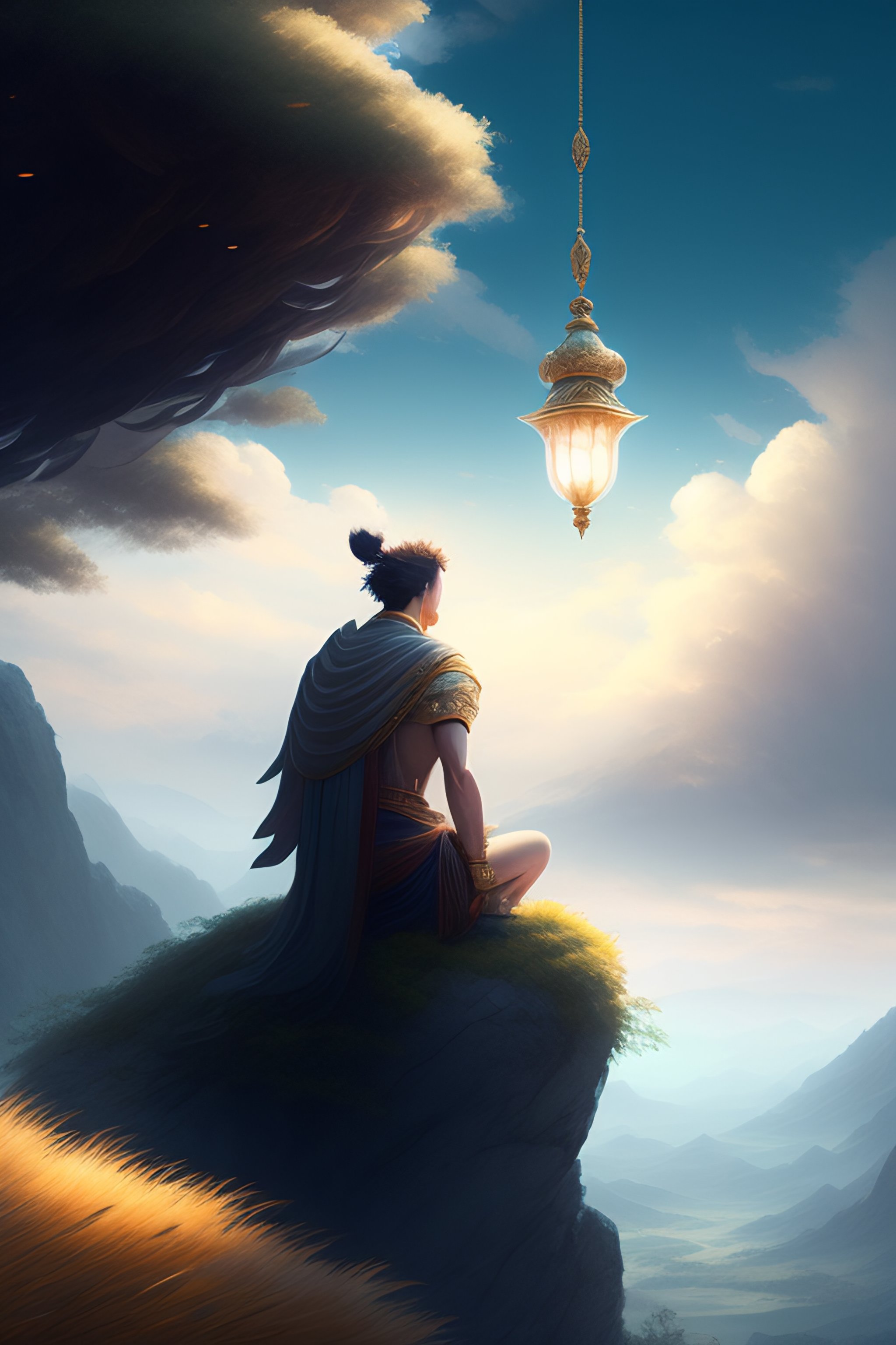 Lexica - Wind deity enjoying the view from his stone heavenly palace ...