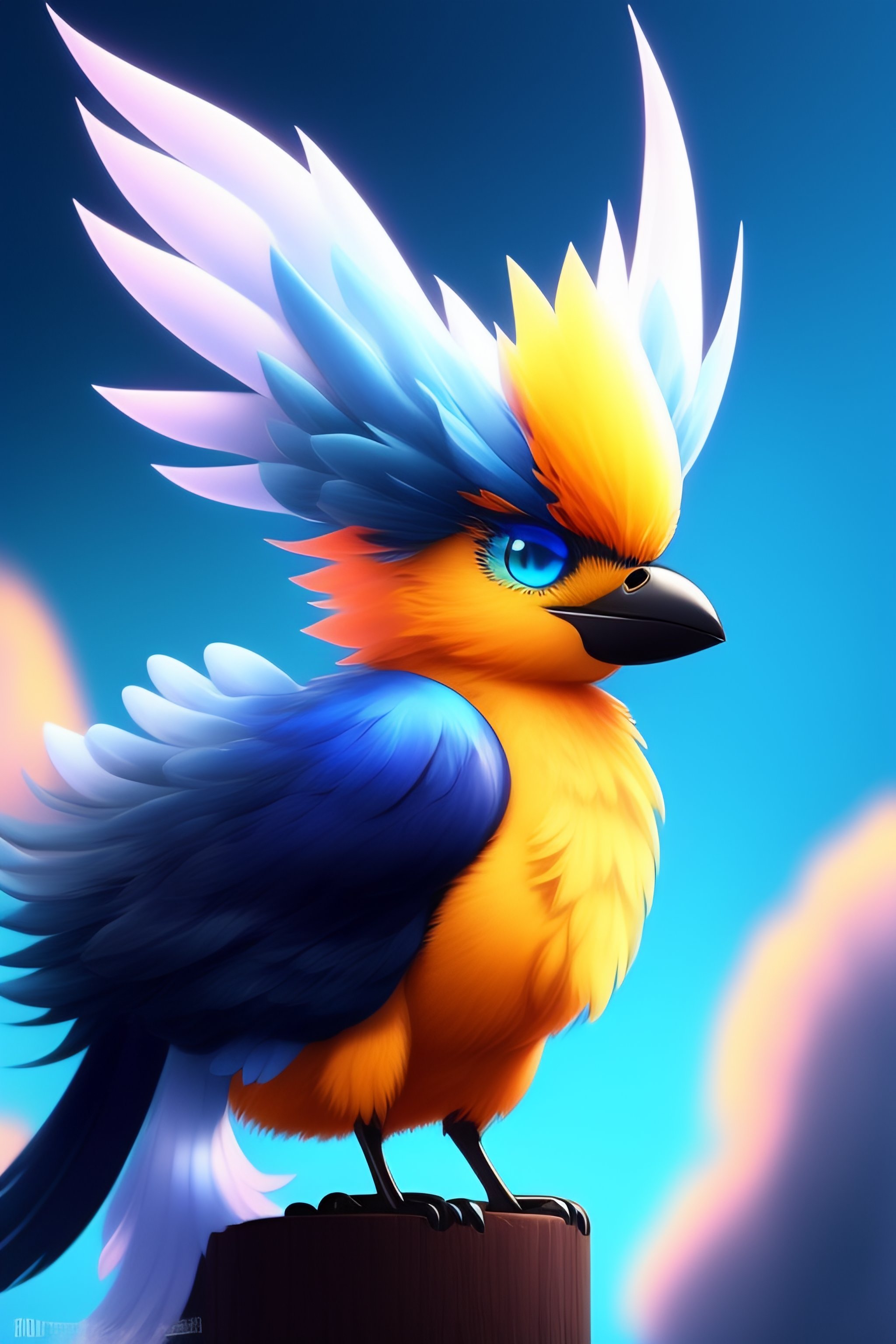 Lexica - A cute phoenix with big eyes and a black beak, it's feathers ...