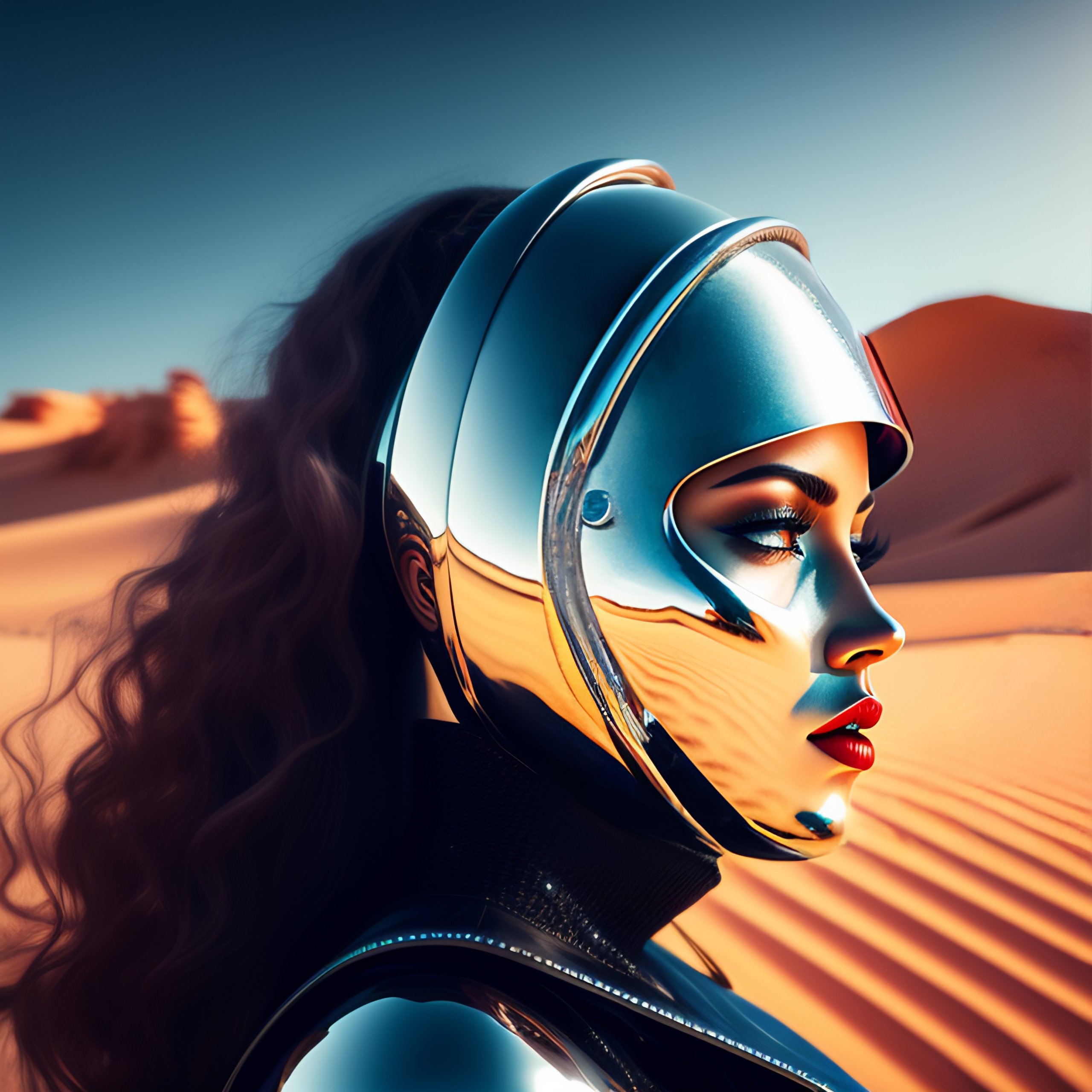 Lexica - Cyber girl wearing chrome, shining reflections, driving a ...