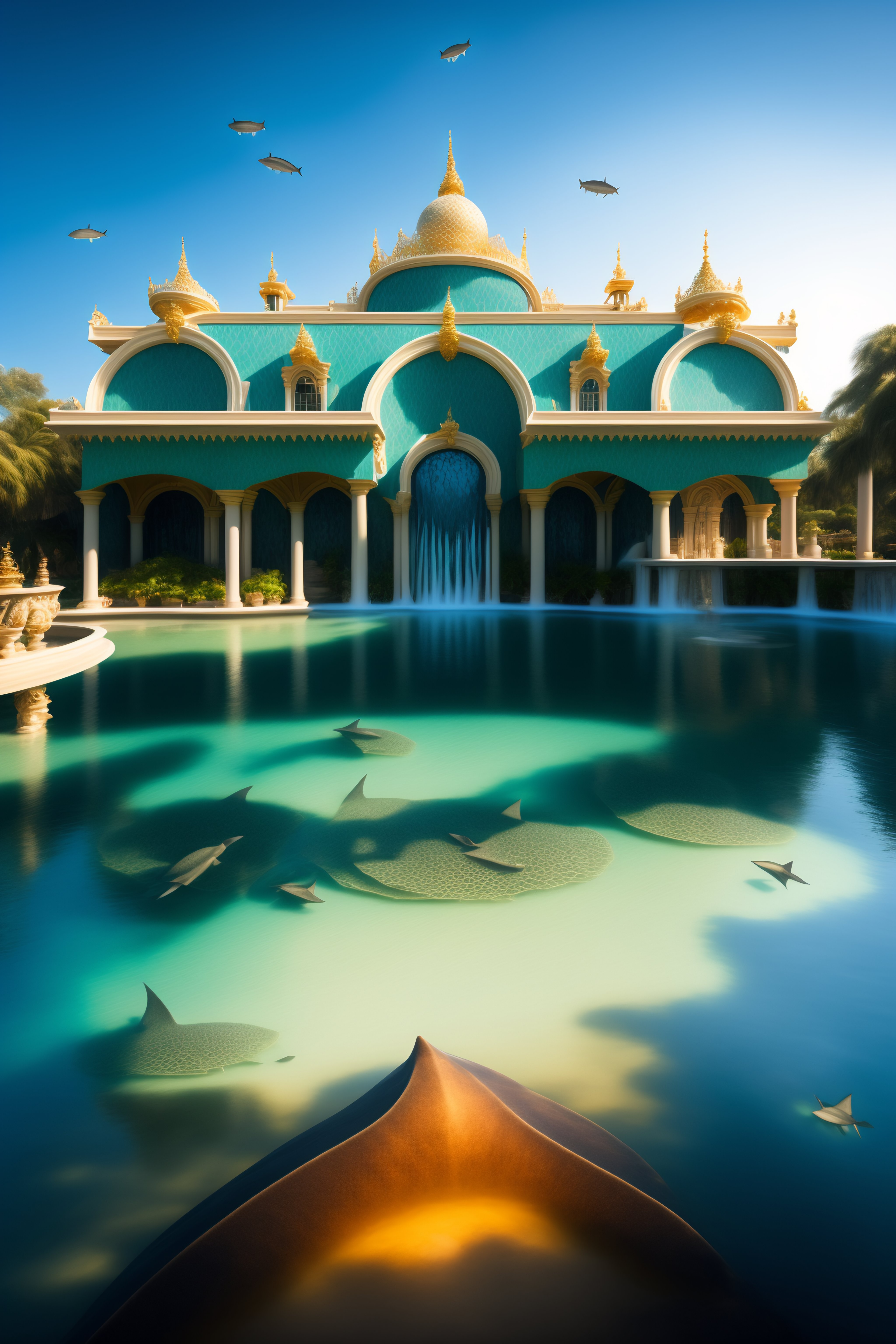Lexica - A magical water palace with sting rays swimming around the palace