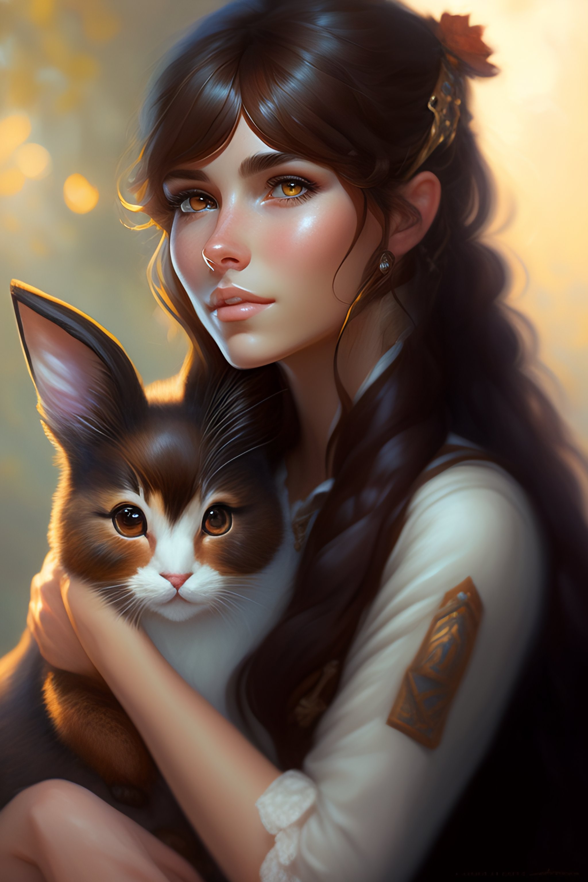 Lexica A Detailed Portrait Of A Cute Brunette Girl With Bangs And Medium Length Hair Hugging A