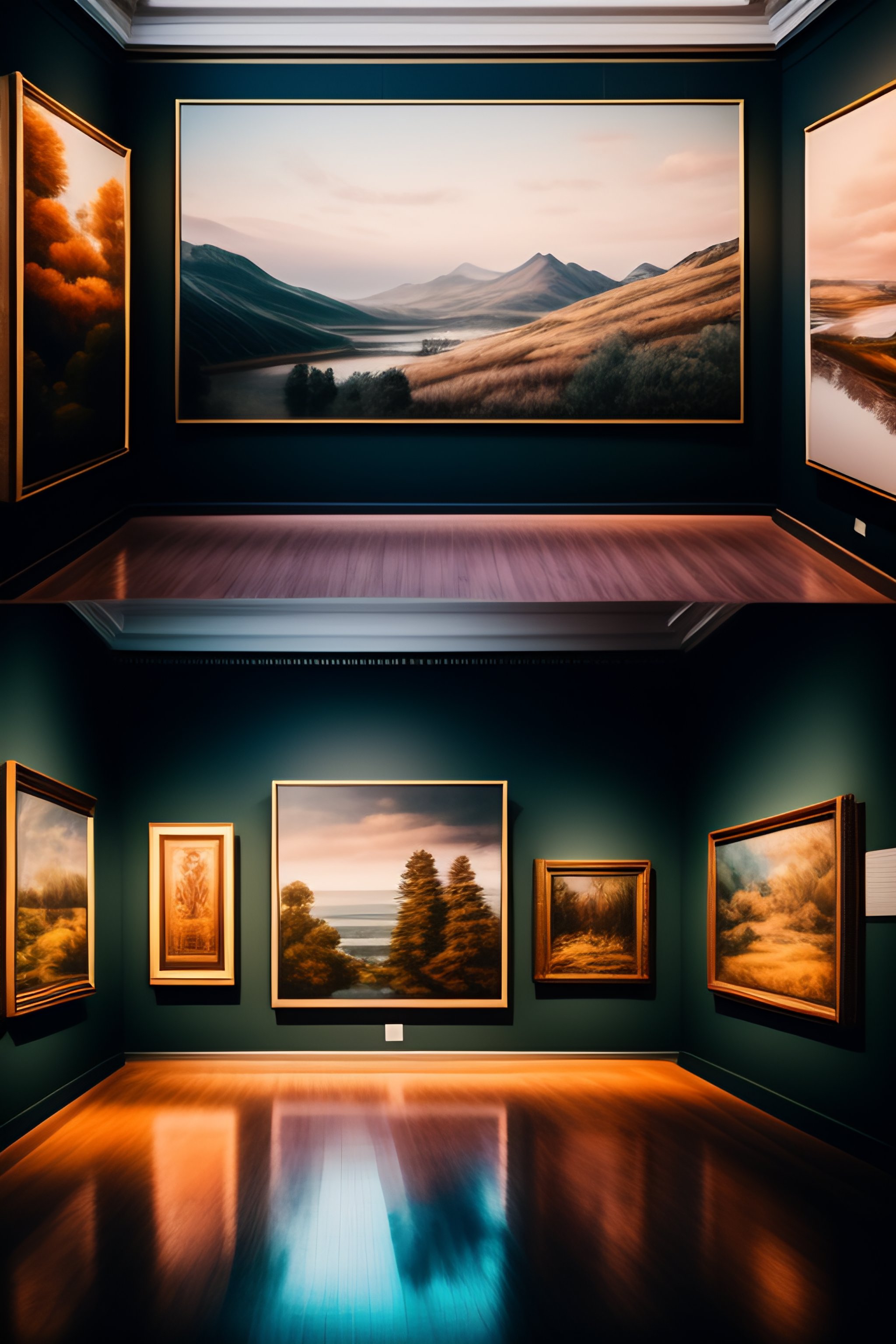 Lexica - A photography of a museum room with paintings, film style 35mm