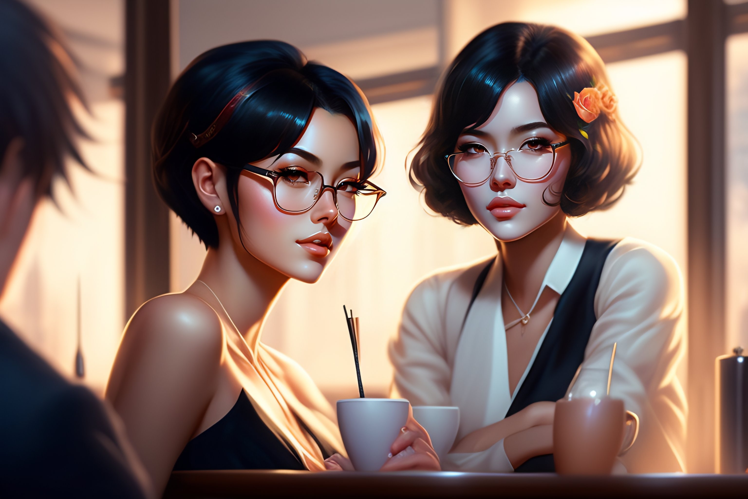 Lexica - Beautiful anime girl with short black hair, glasses, bar ...