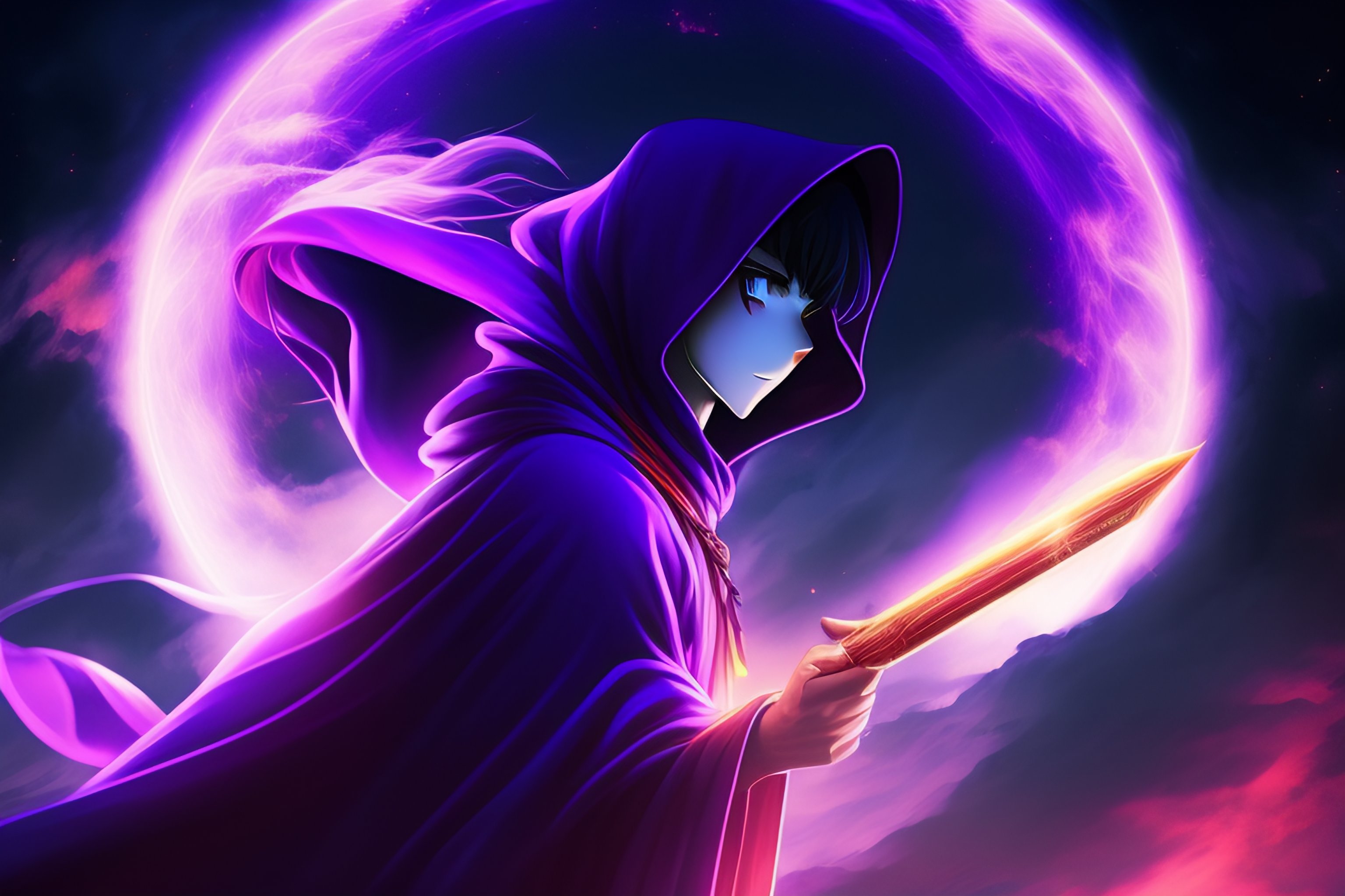 Lexica - An anime style purple cloaked wizard casting a spell.