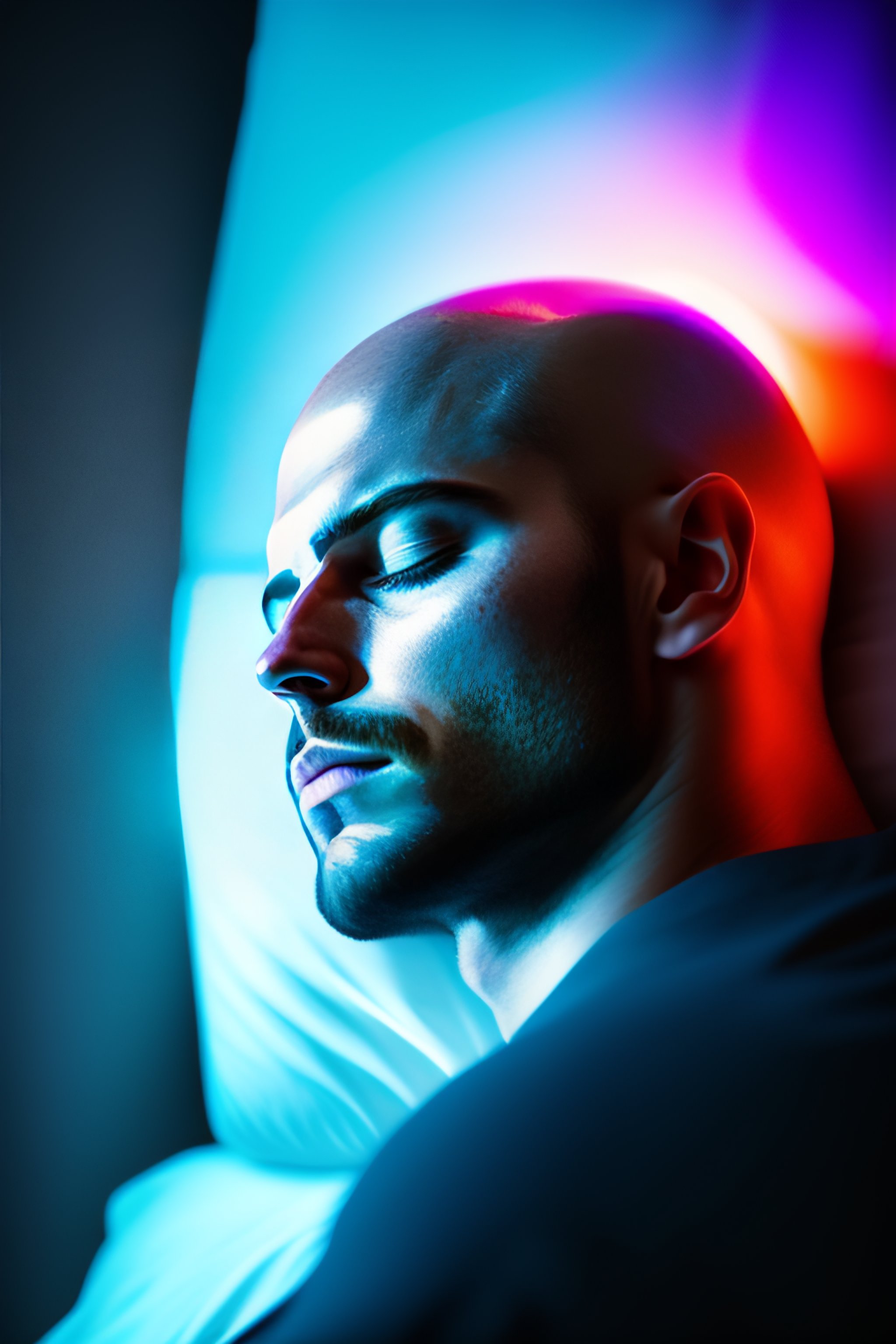 Lexica - The whole body of a sleeping bald man lying down. Synthwave light.