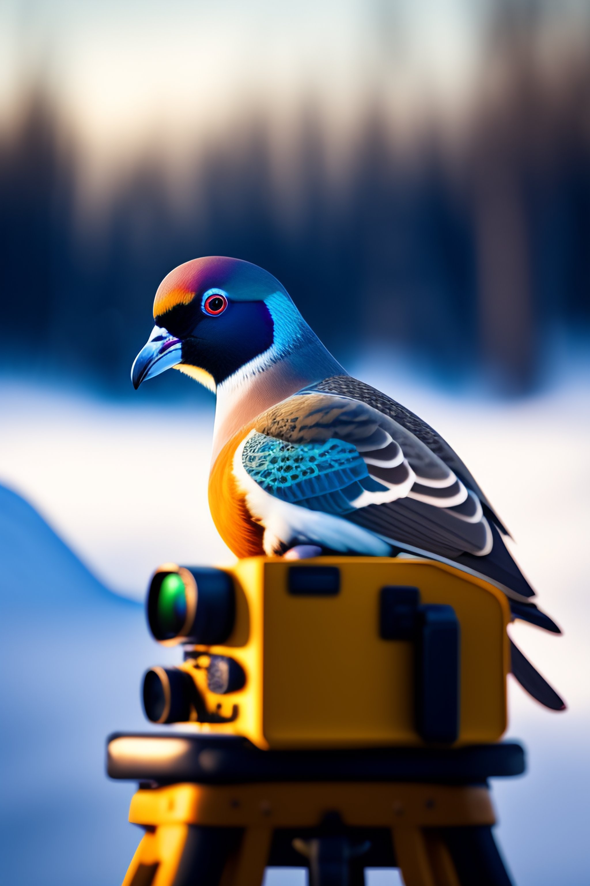 Lexica - Cartoon pigeon with a camera on the background of a winter ...