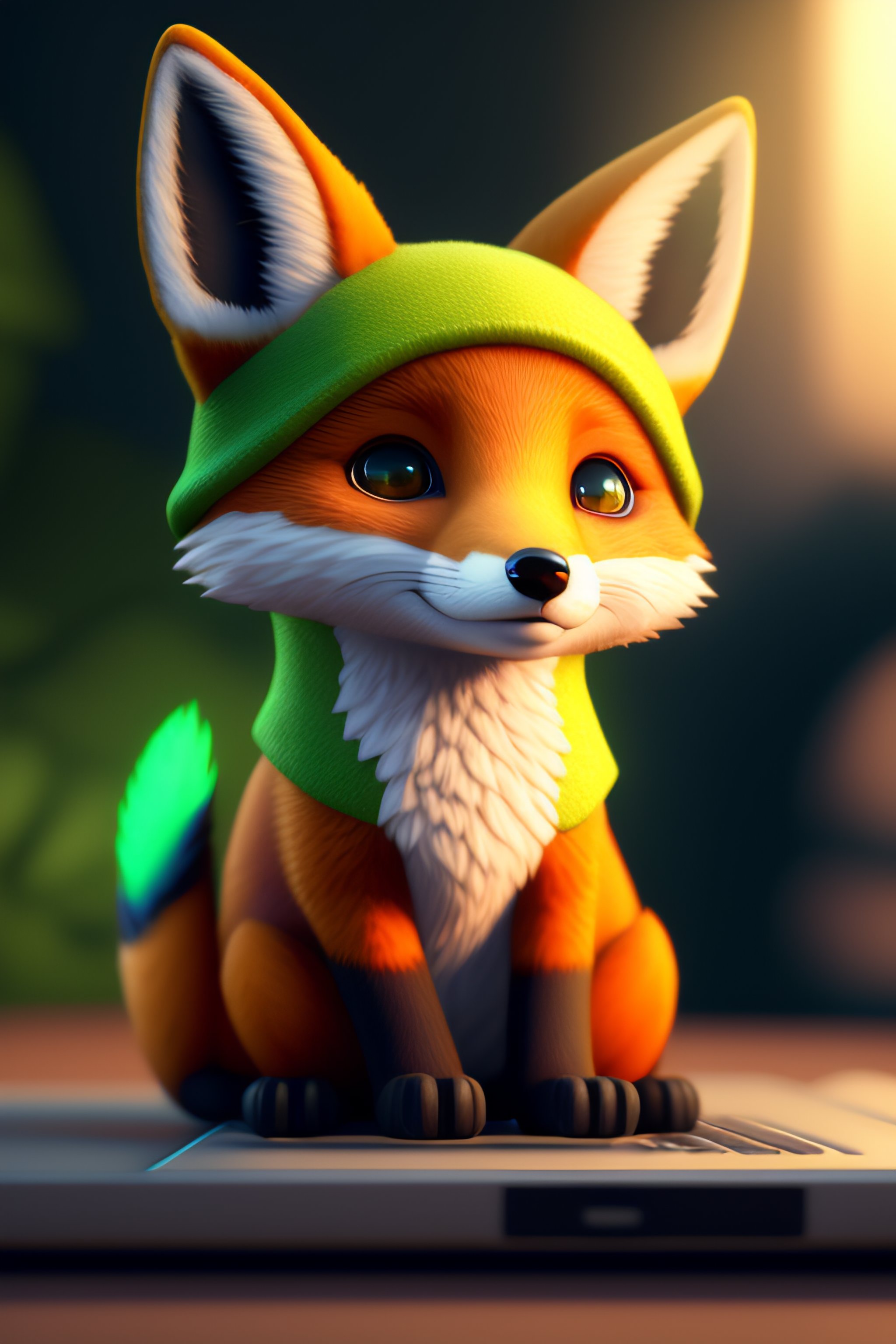Lexica - Cute small humanoid fox green eyes sitting in front of laptop ...