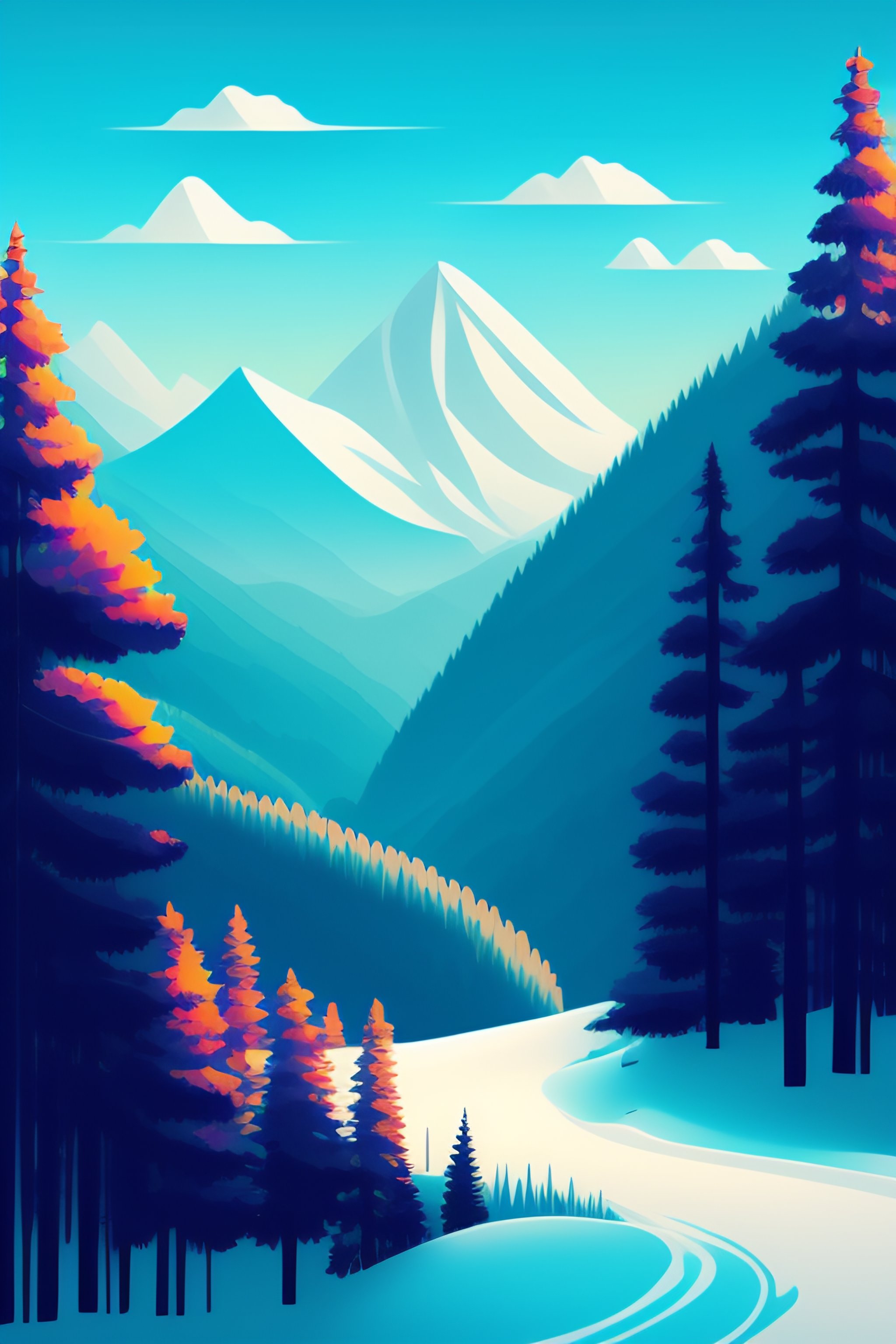 Lexica - Simple pretty vector art of a snowy forest with a mountain in ...