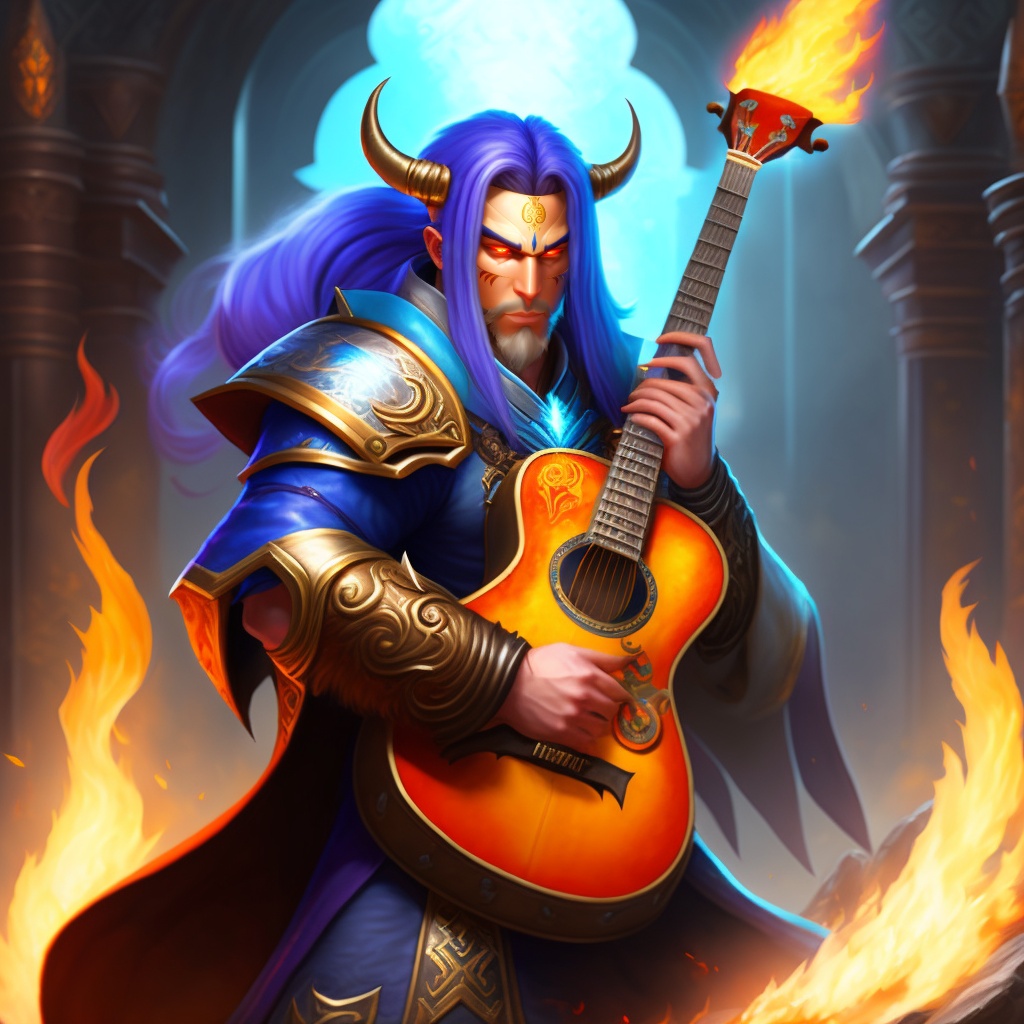 Lexica - World of warcraft mage with flame guitar, dragon background