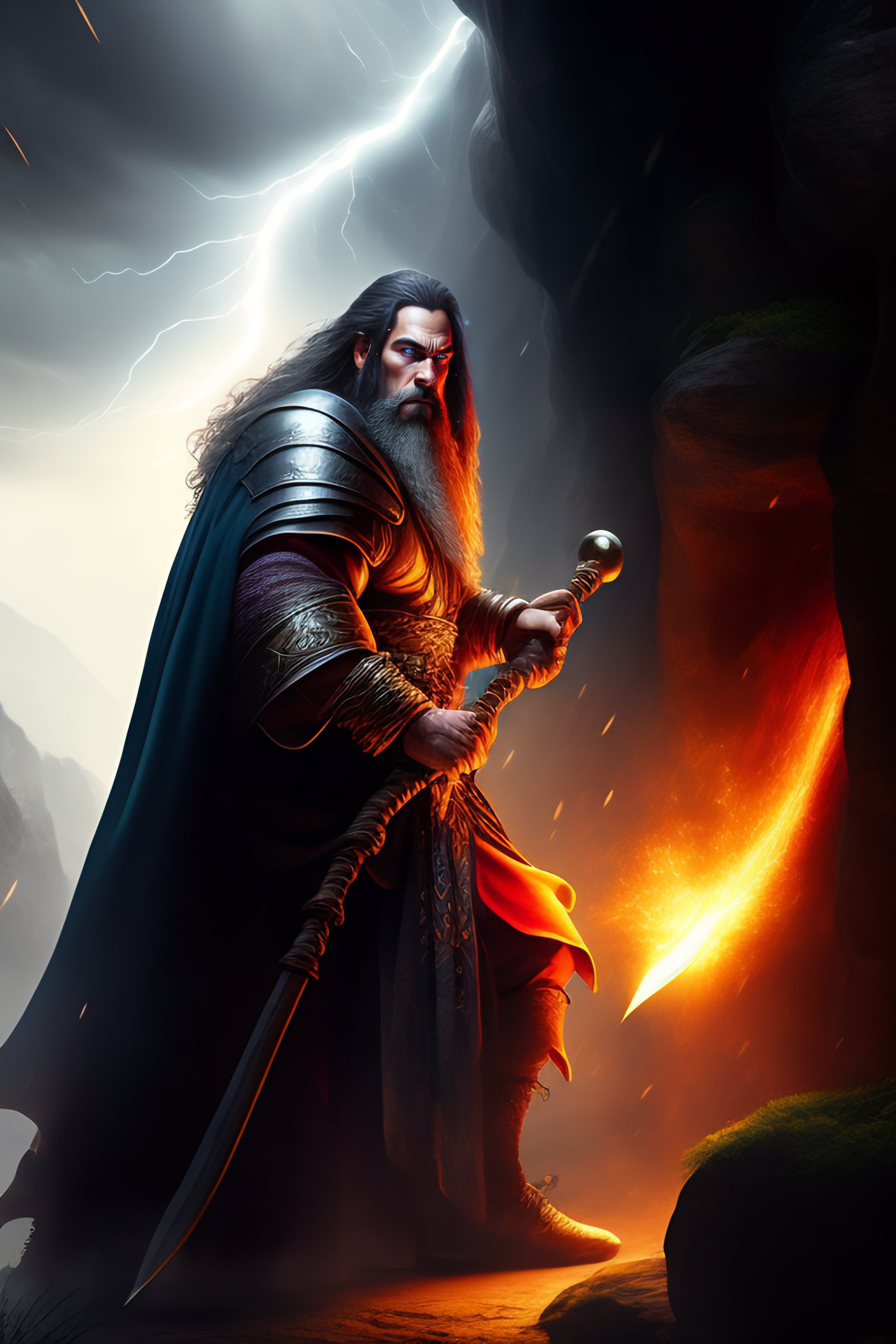 Lexica - Wizard with a staff fightning versus orcs inside a cave ...