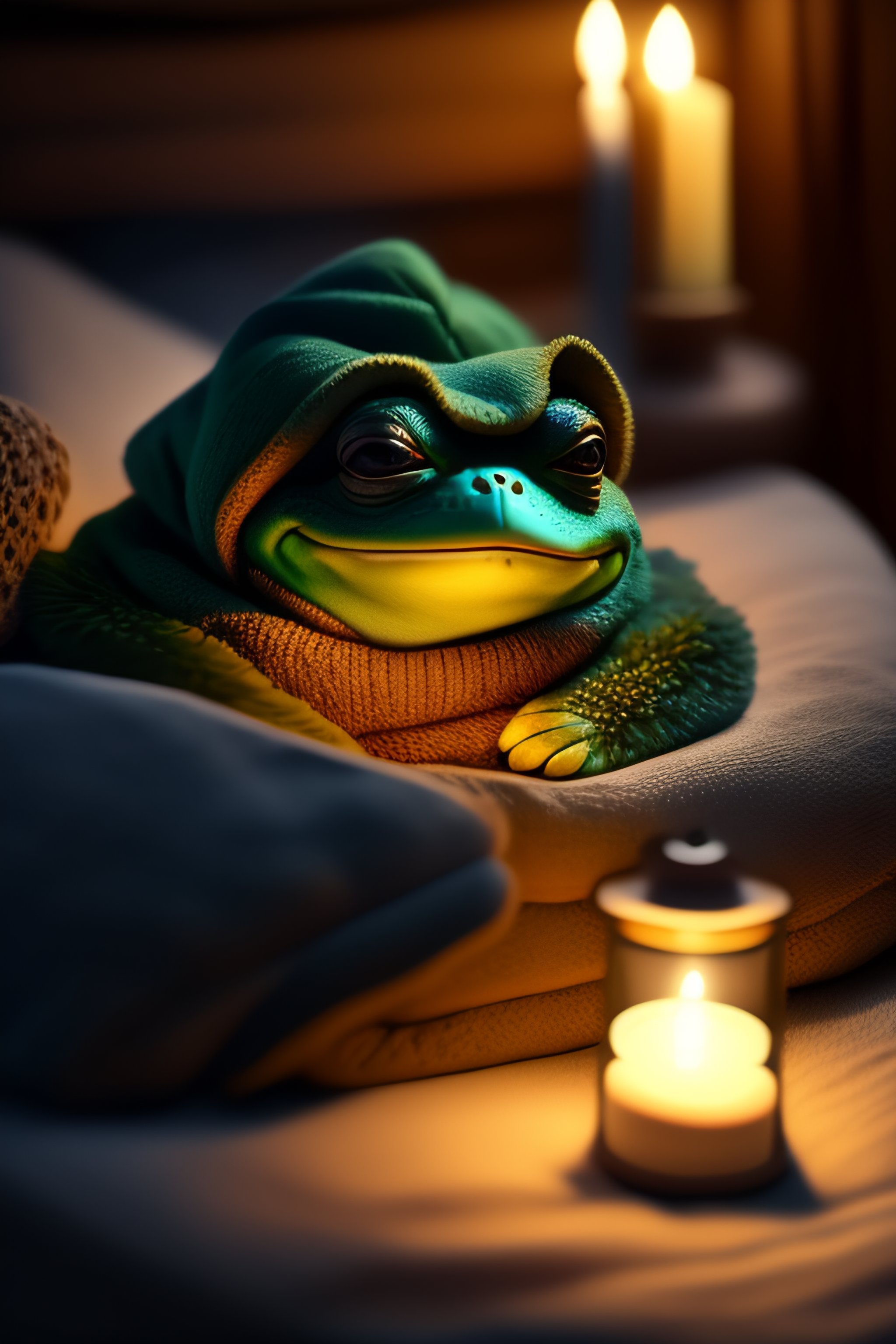 Lexica - An exhausted pepe the frog in his bed wearing a nightcap, cozy ...