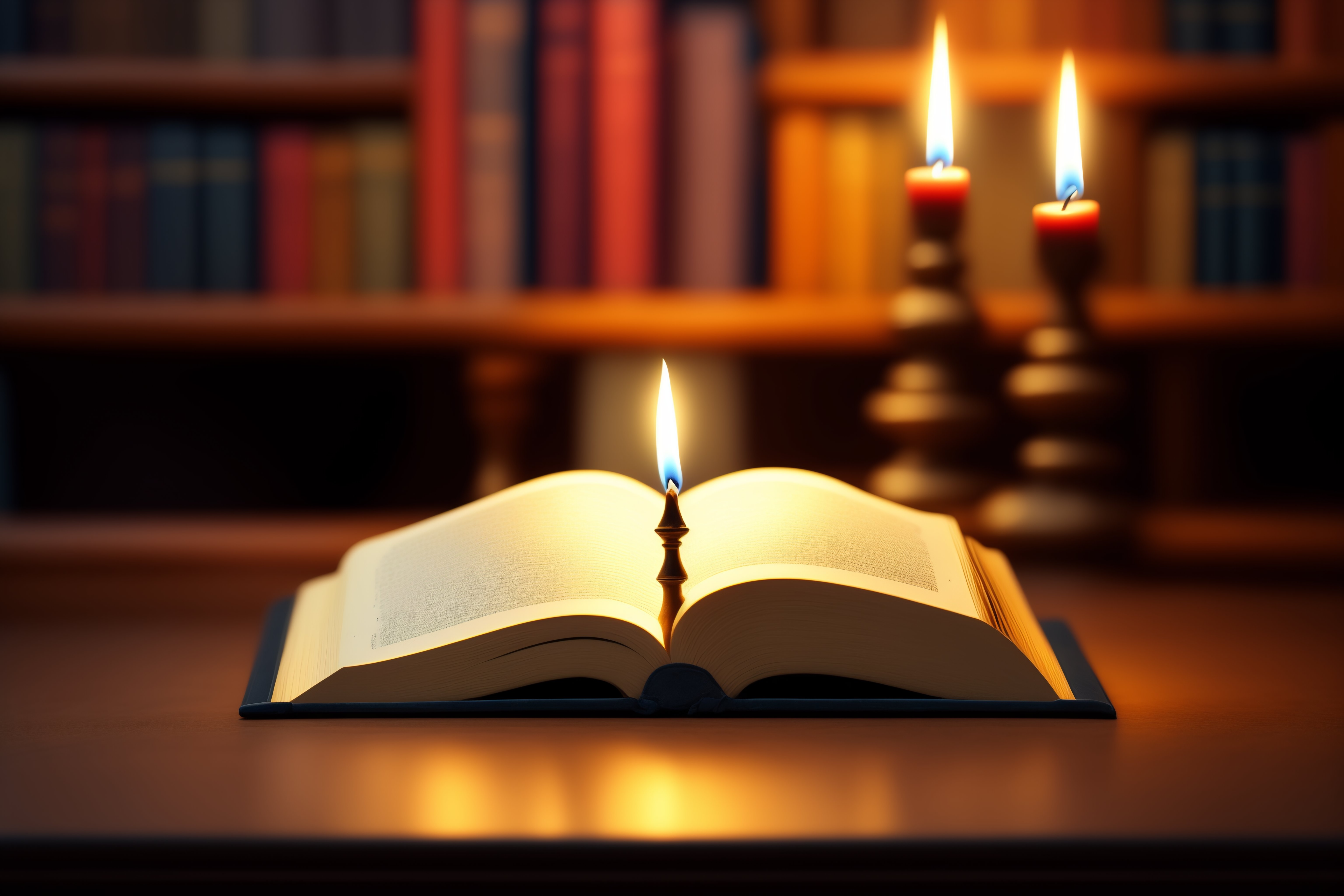 Lexica - Open book with candles on a pedestal inside a huge library
