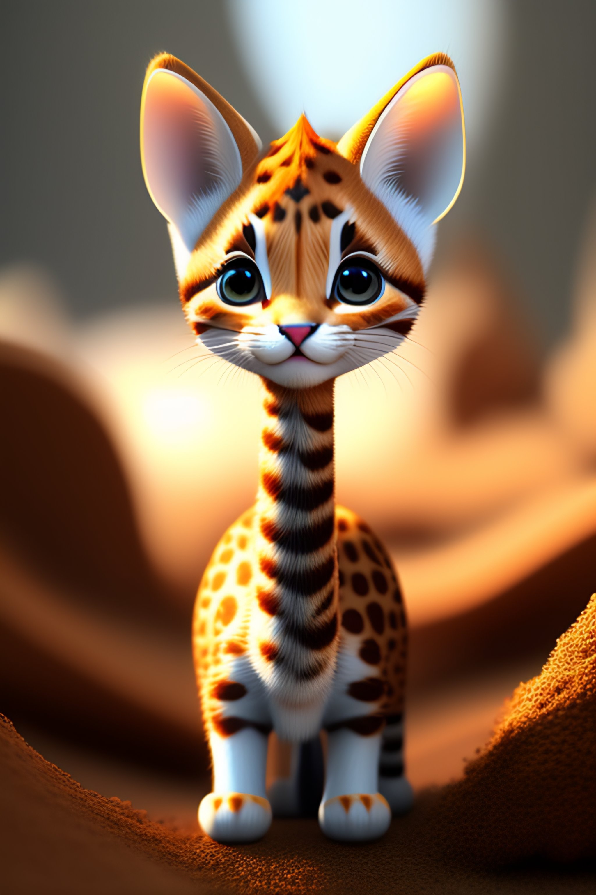 Lexica - Cute chibi kitten with long neck like girafe in the mountain, 3d