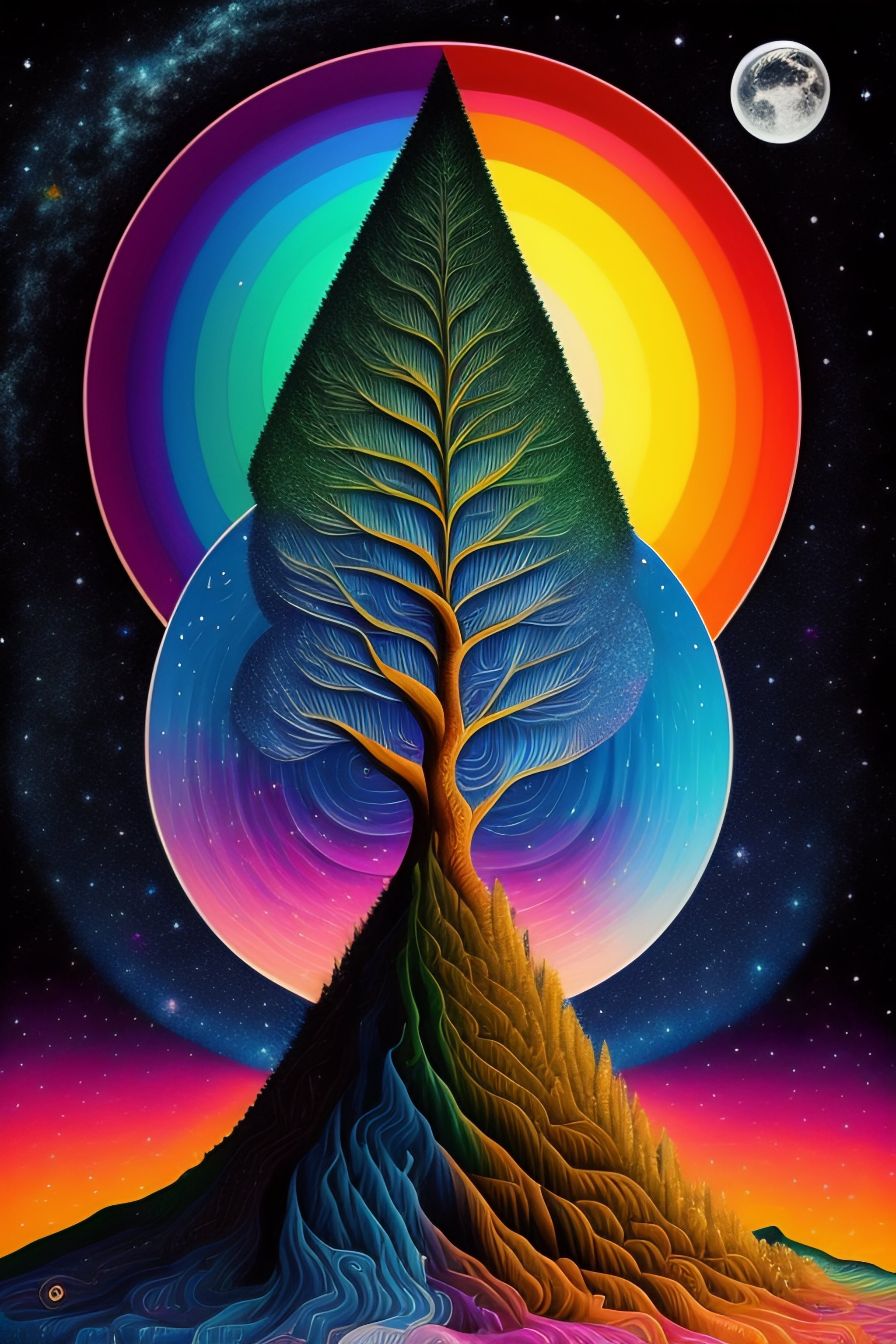 Lexica - Pen drawing of a tree on the moon, outer space, rainbow colors ...