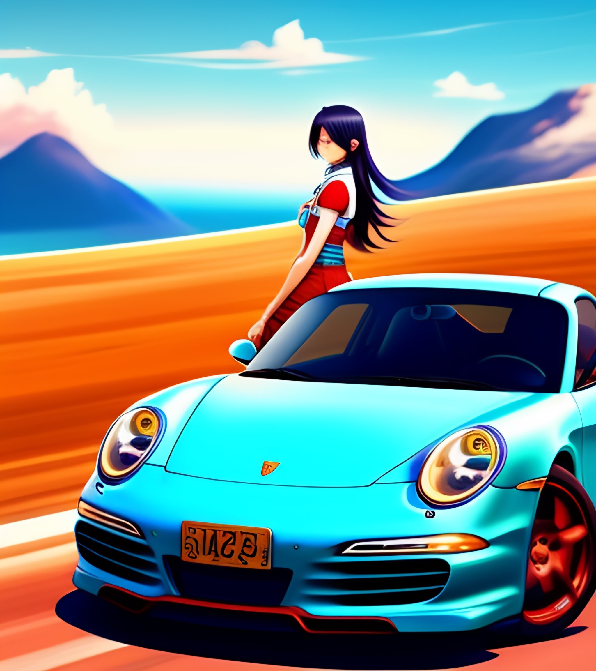 Lexica - A light blue porsche with a girl in a red vest sitting on the ...