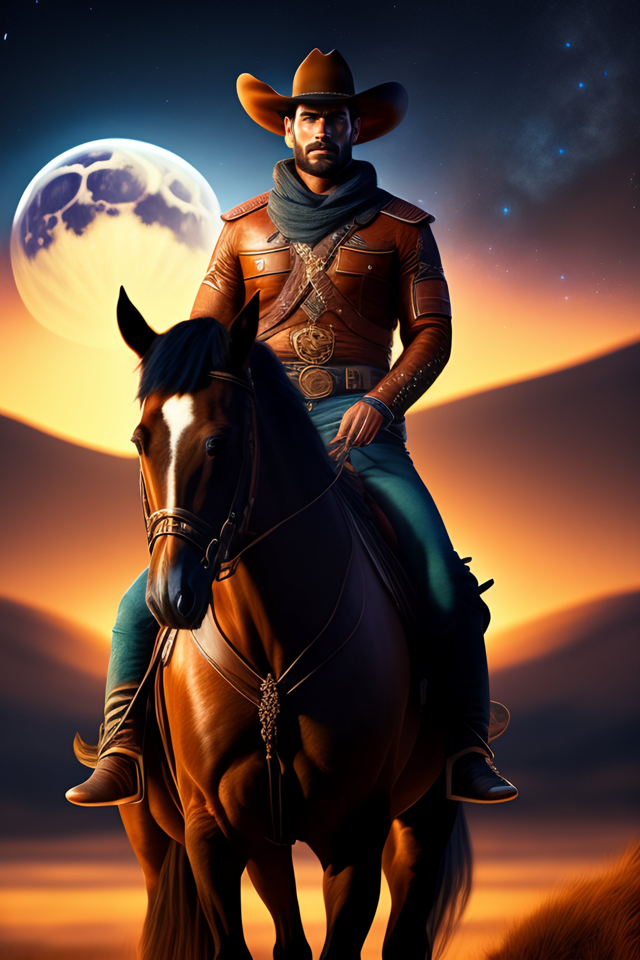 Lexica - Handsome rugged cowboy riding a horse at night, gorgeous night ...