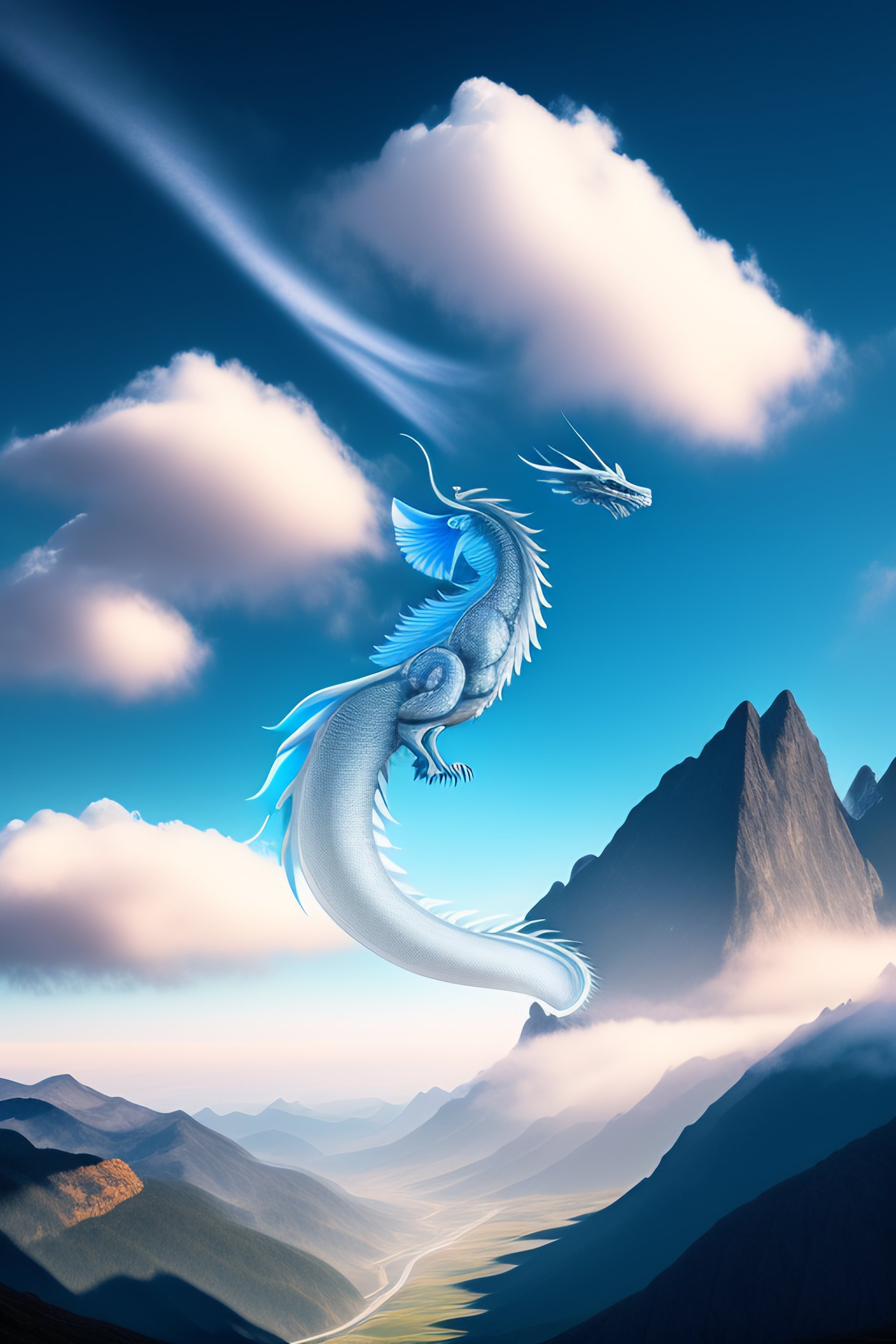 Lexica - Transparent dragon soars in the clouds over the mountains
