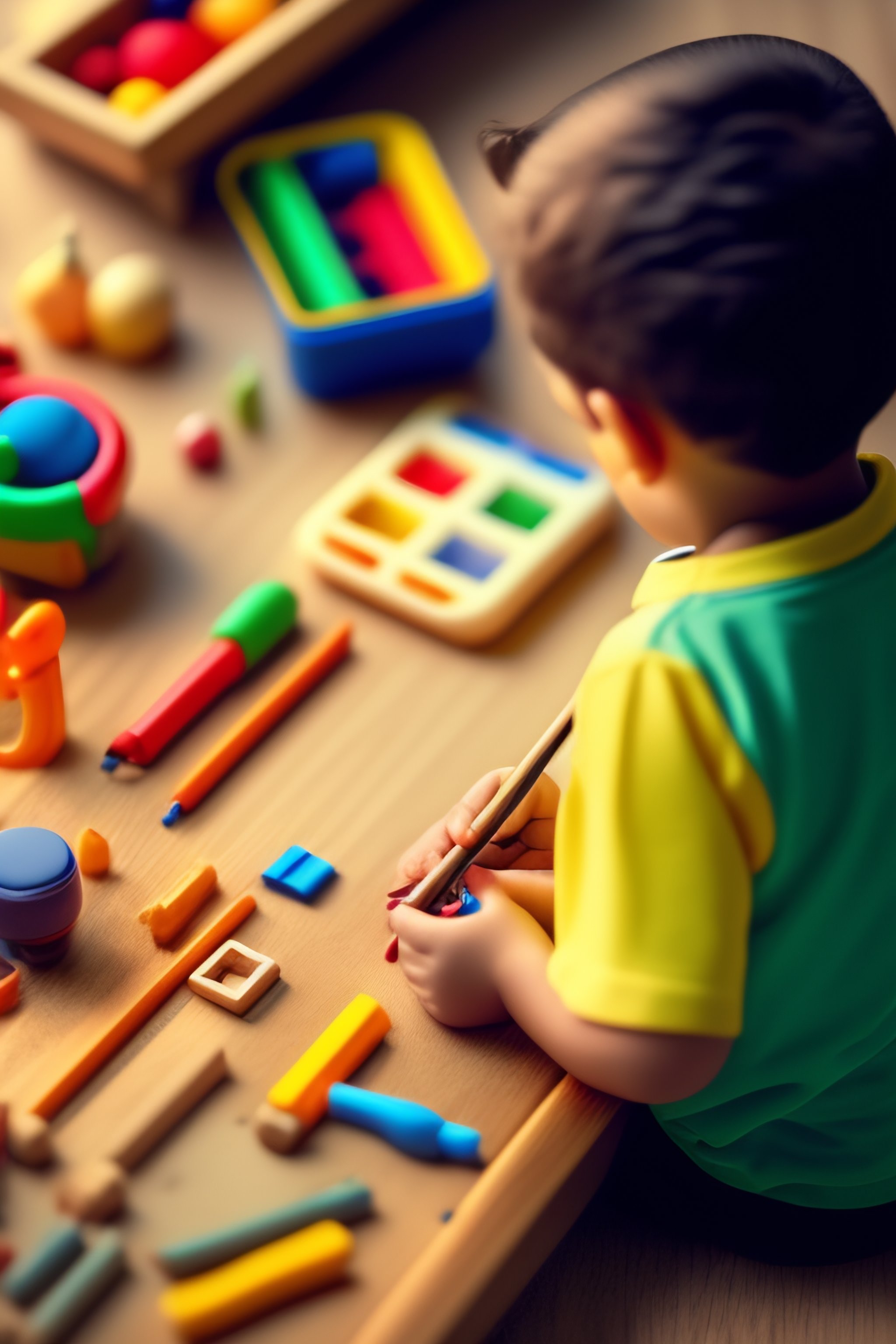 Lexica - Top view of kid working on a worktable making toys, realistic ...