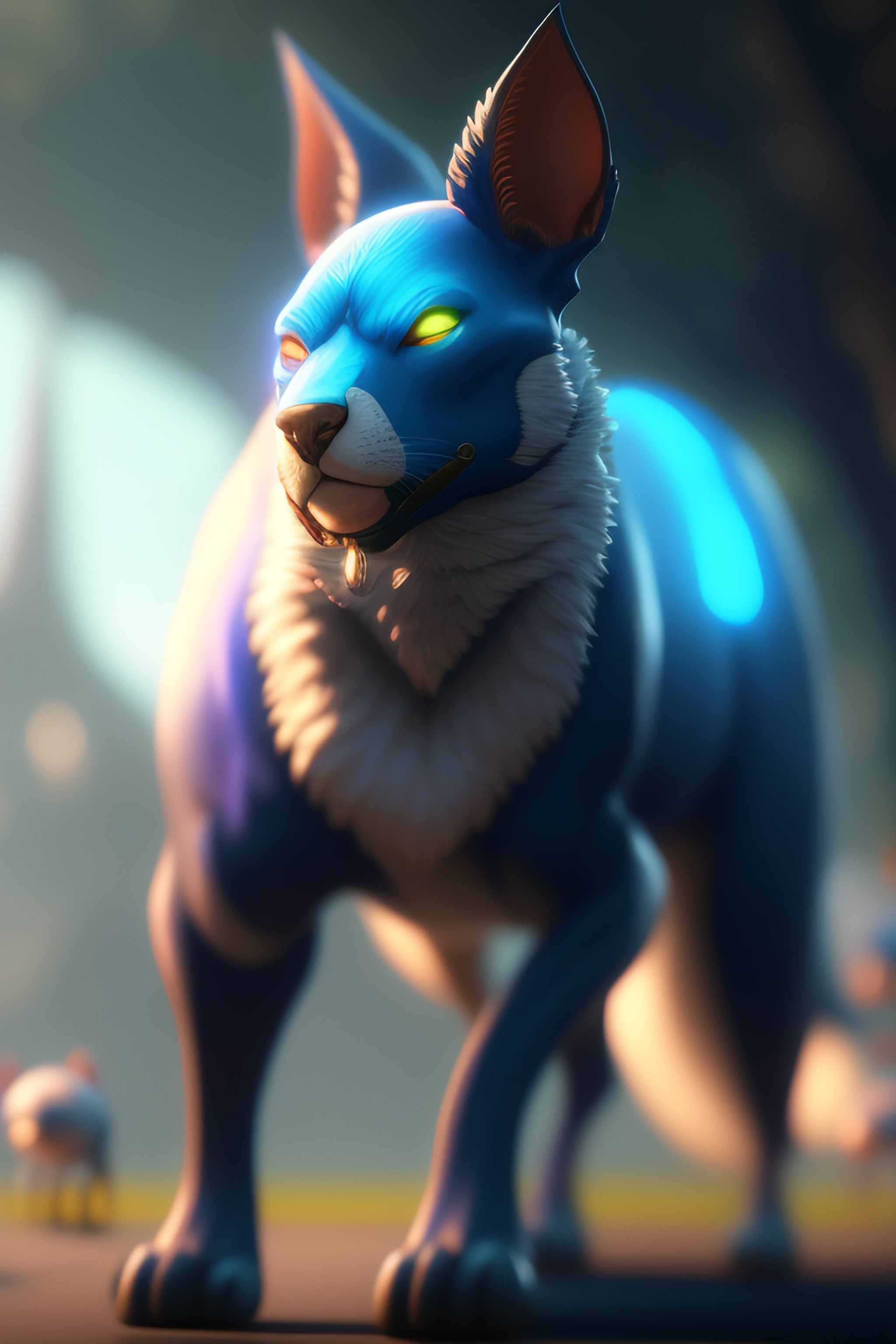 Lexica - Detailed illustration of a bald blue man followed by a wolf ...