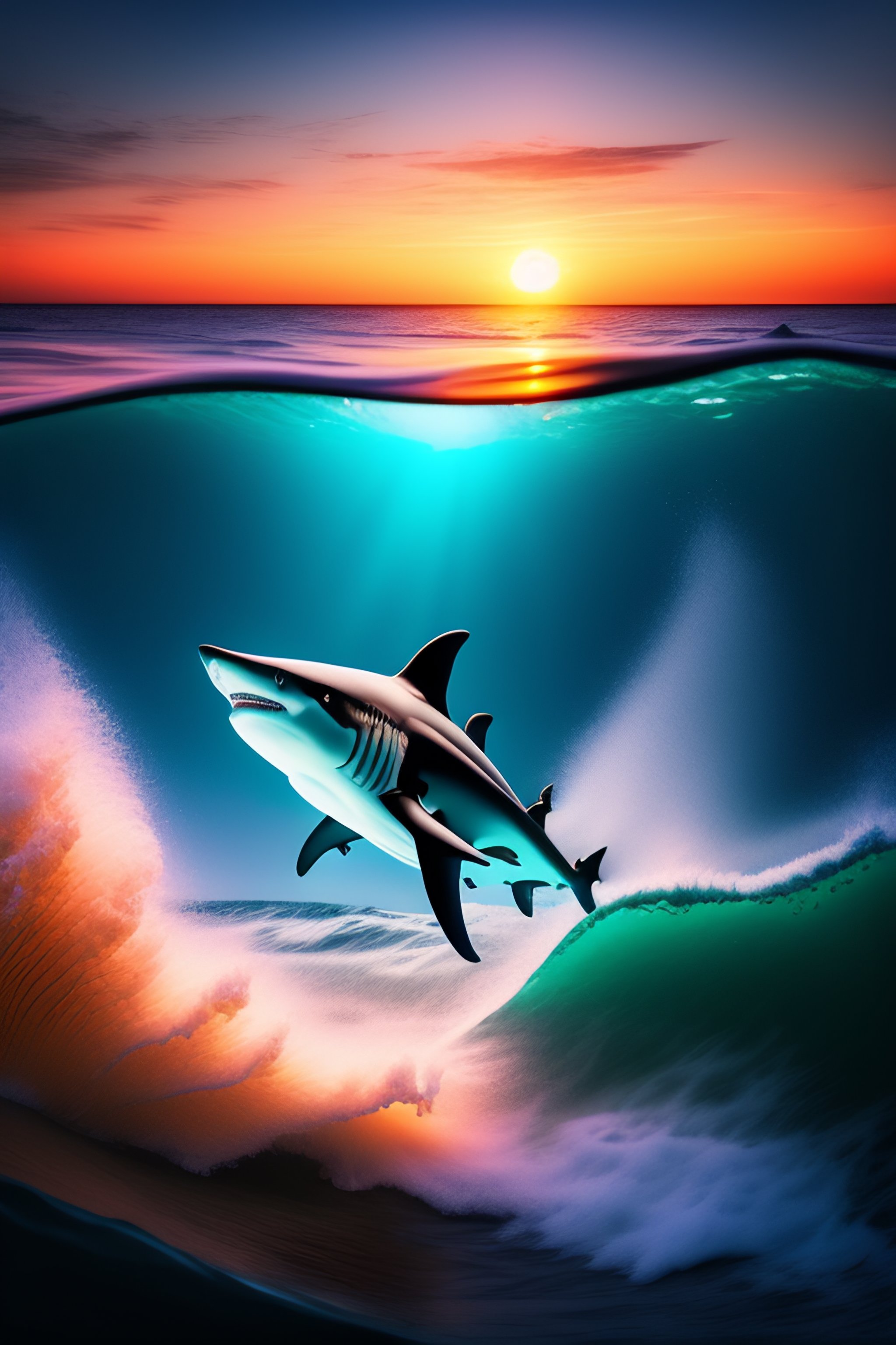 Lexica - A shark coming out of the sea with a sunset