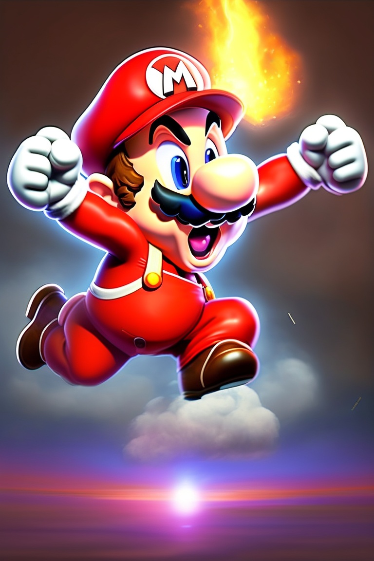 Lexica - Mario bros with fireball in hand, epic position, m7