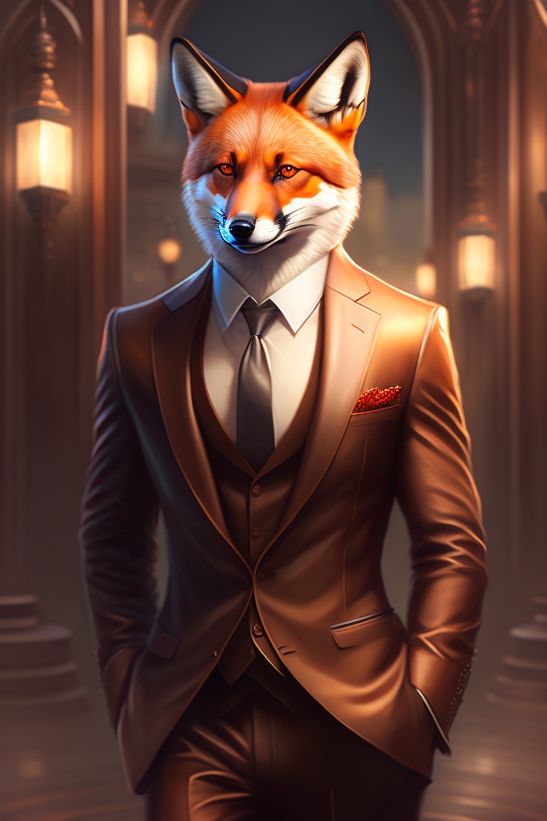 Lexica - Artwork of a full body male fox wearing a luxurious dark brown ...