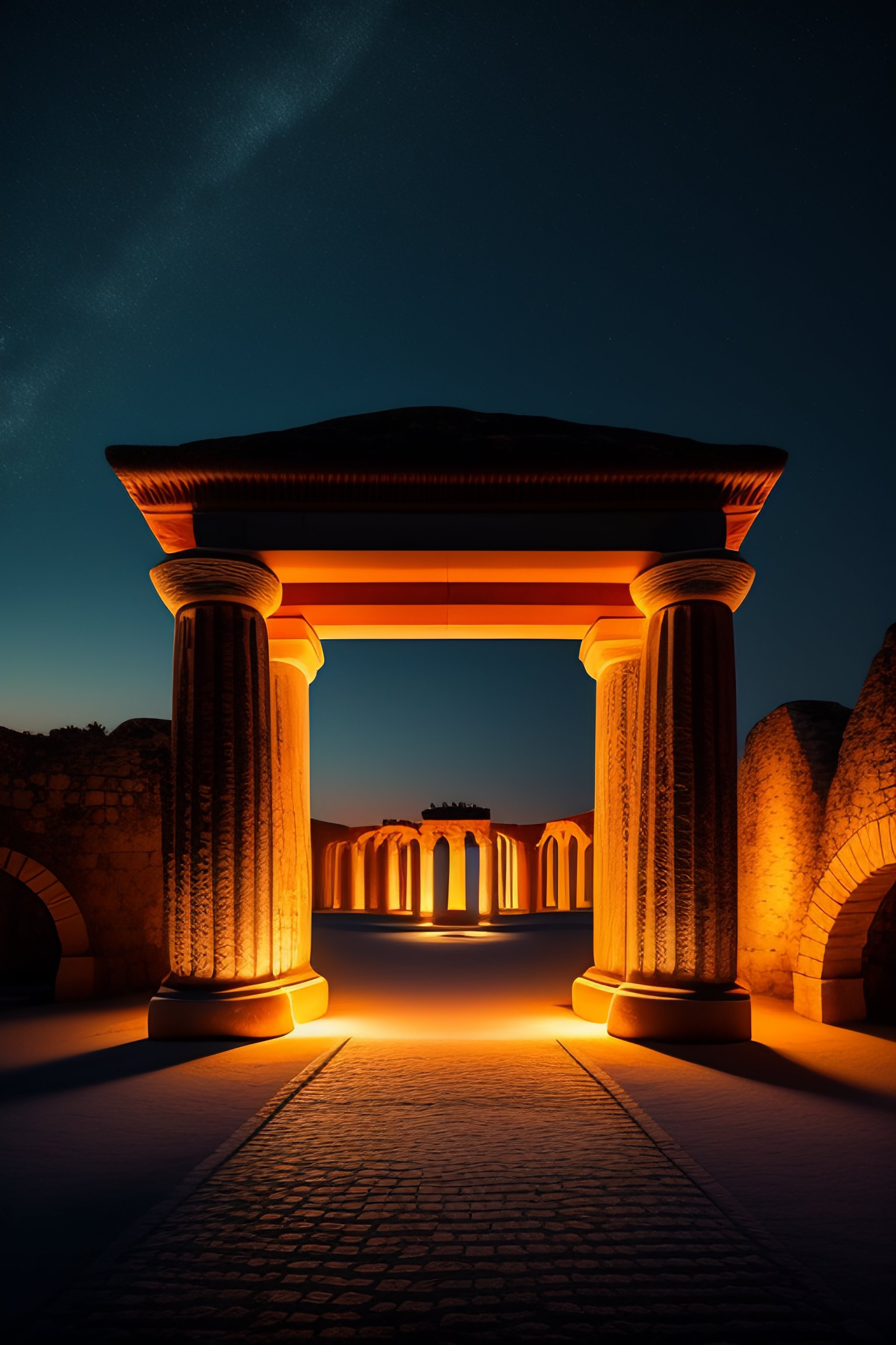 Lexica - Circular agora of ancient Greece at night with virtual portals ...