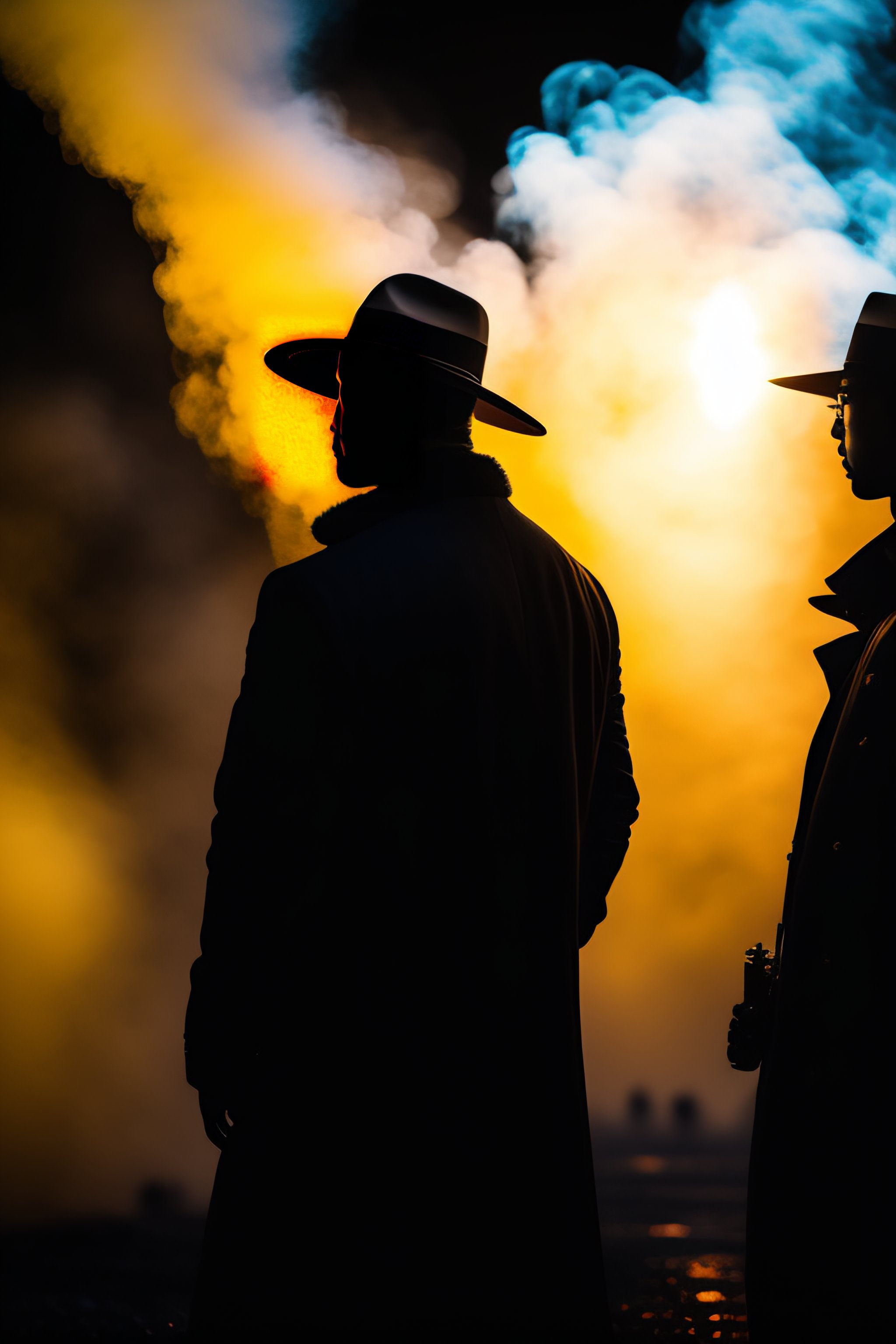 Lexica - Silhouette of three gangster men, in black place, with light ...
