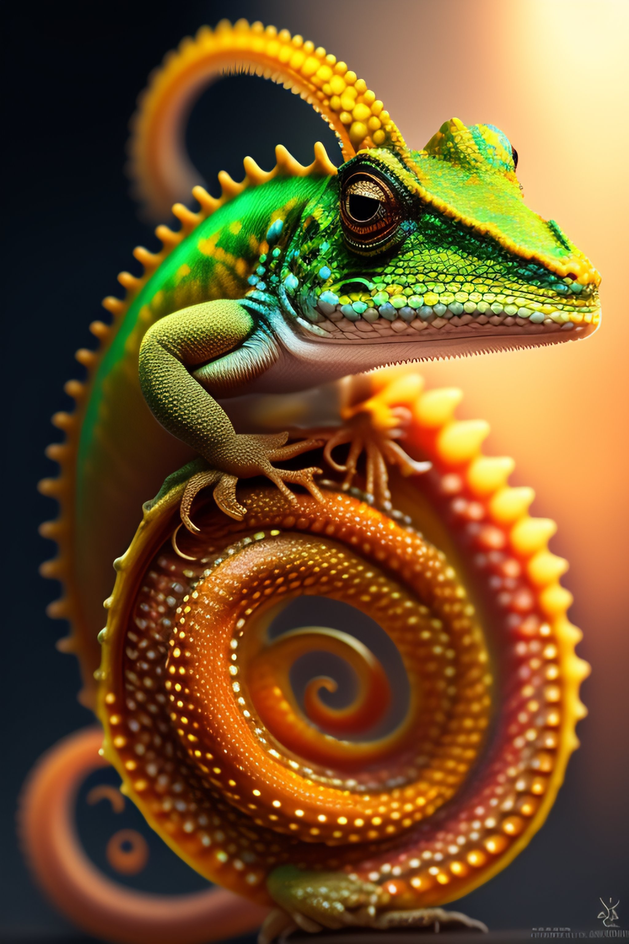 Lexica - Chameleon lizard with octopus tentacle tail, amber, highly ...