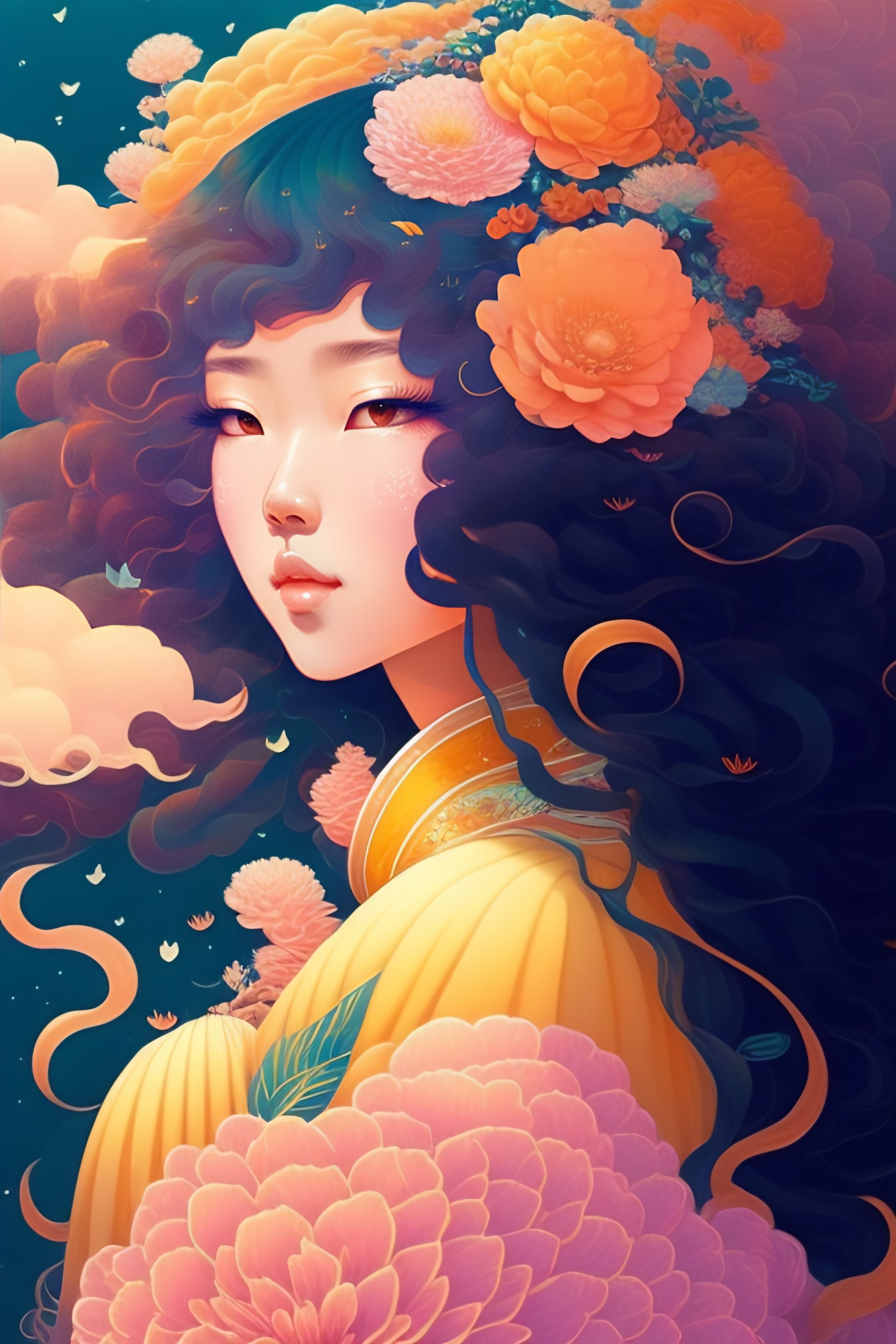 Lexica - Beautiful portrait cute japanese ninfa, big long curly hair ...