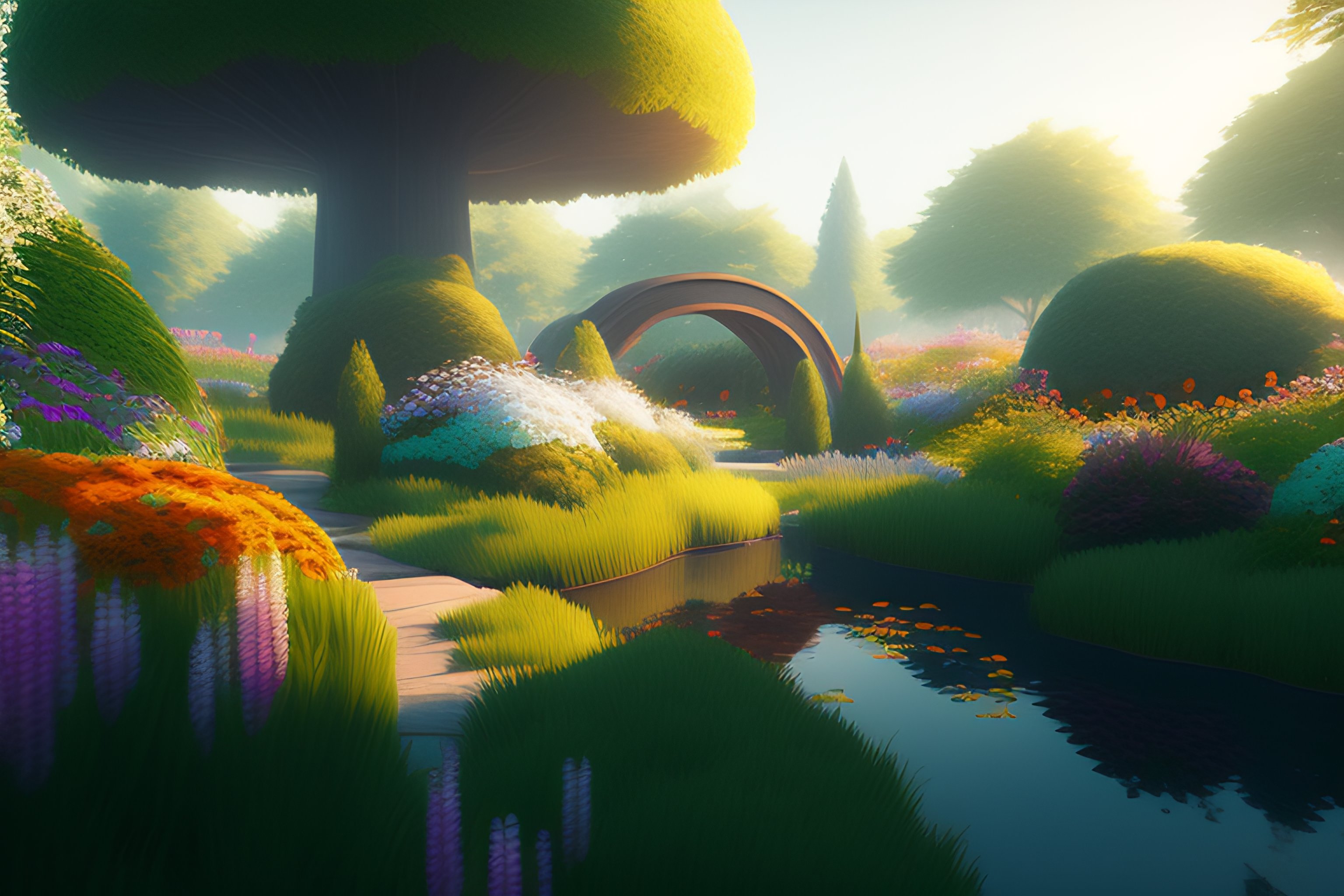 Lexica - Professional photograph landscape garden with flowers, soft ...