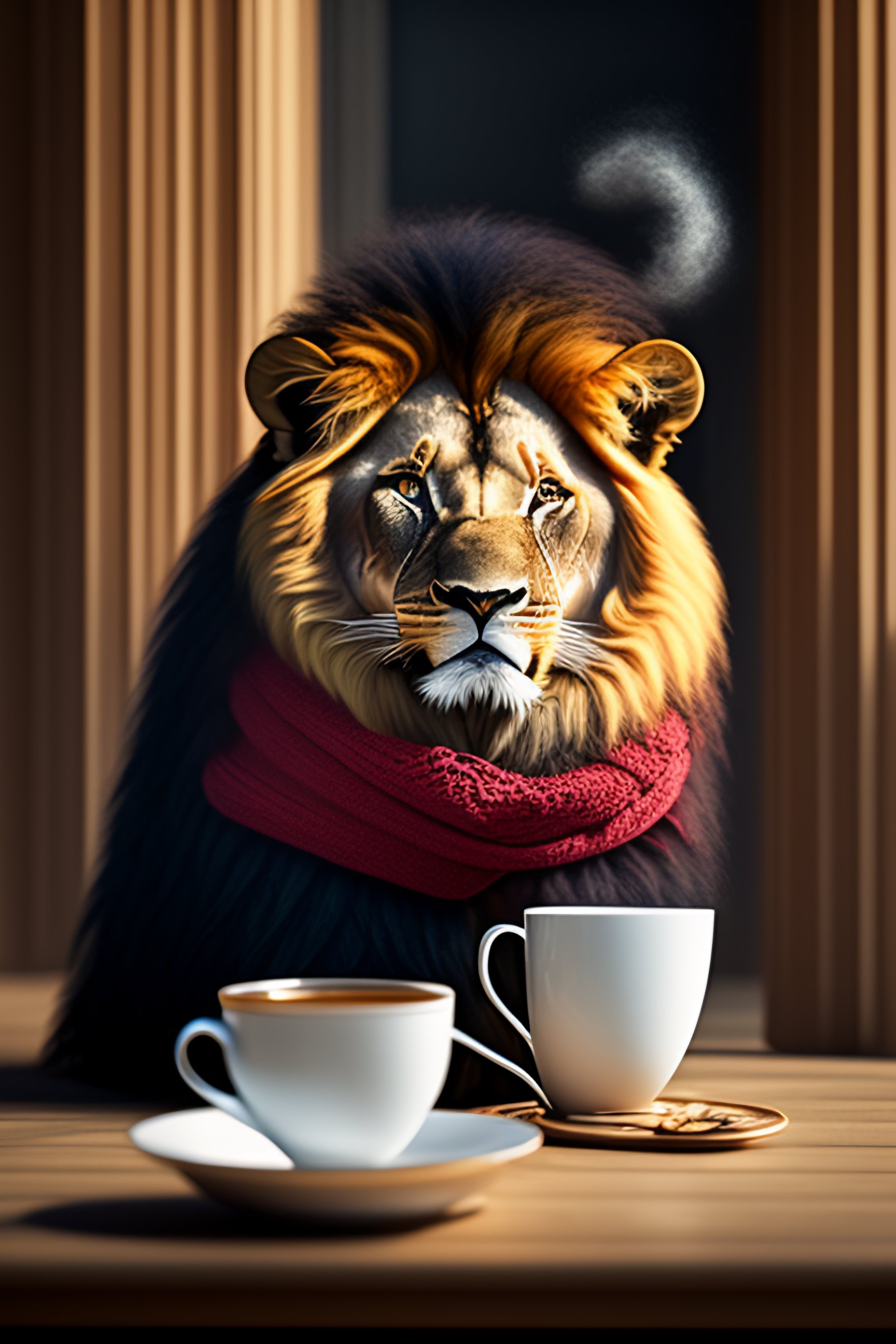 Lexica - A lion with a scarf drinking steaming tea