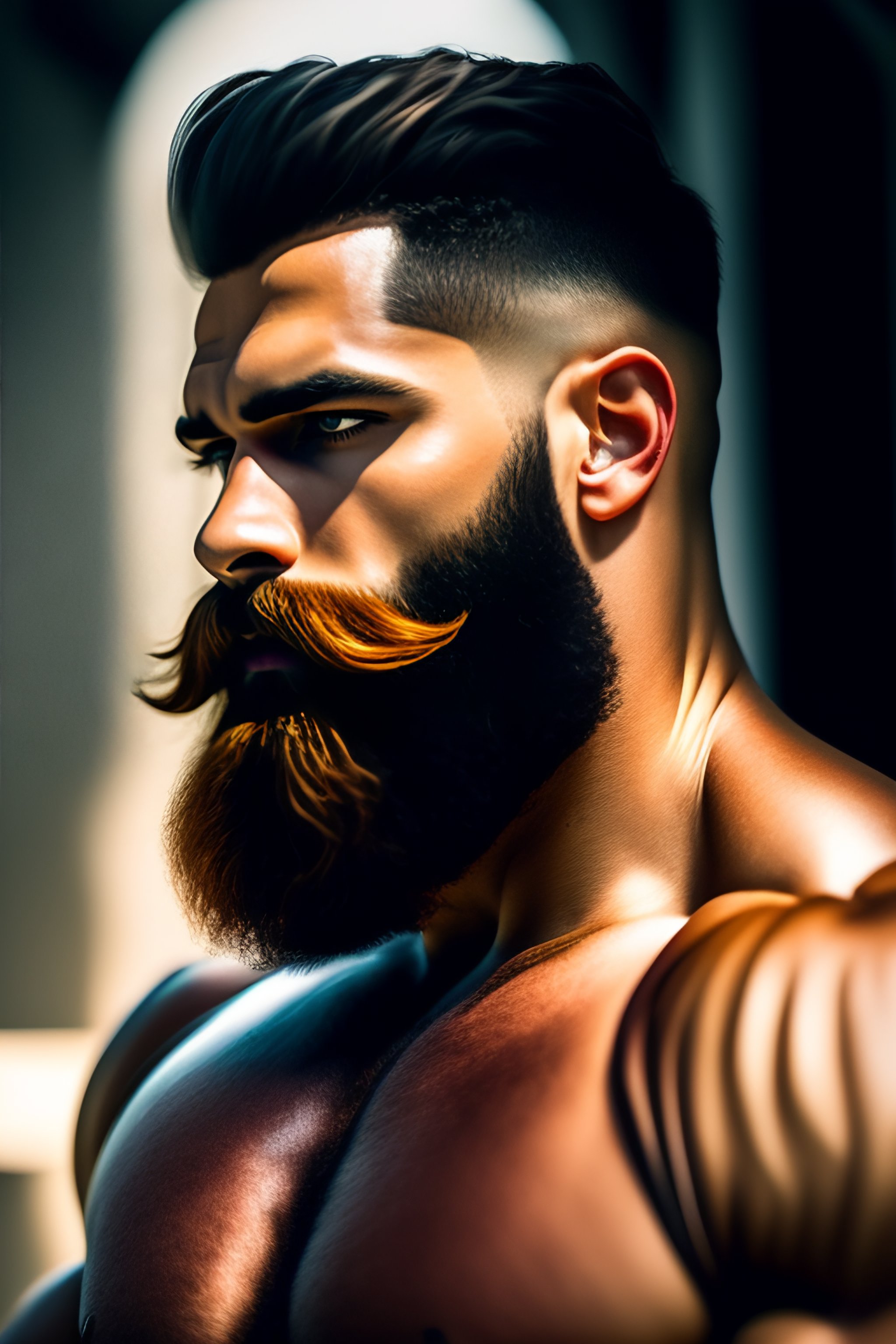 Lexica - Hairy muscle model handlebar mustache long beard hunk