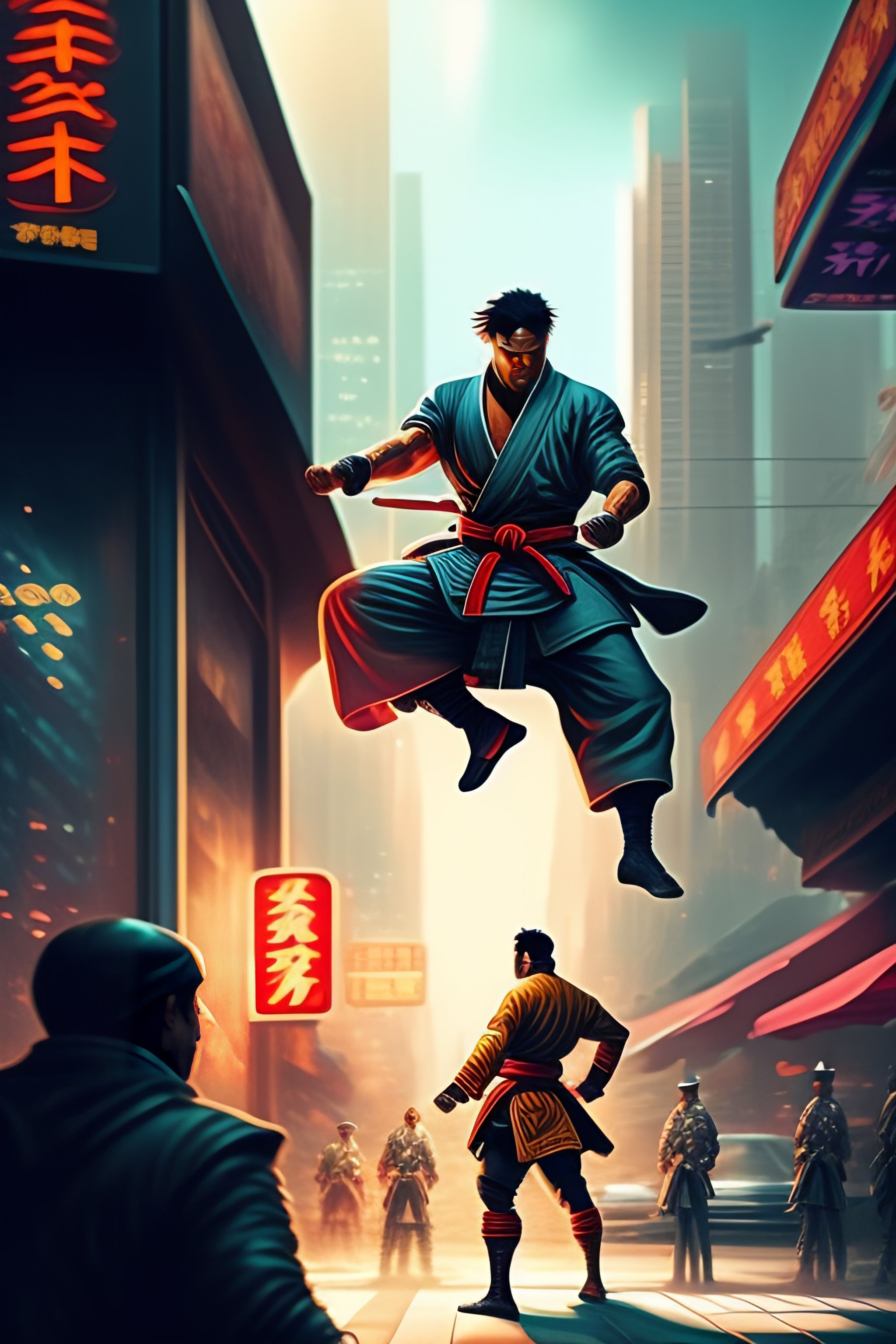 Lexica - Karate man versus kung fu man fighting ninja in street ...