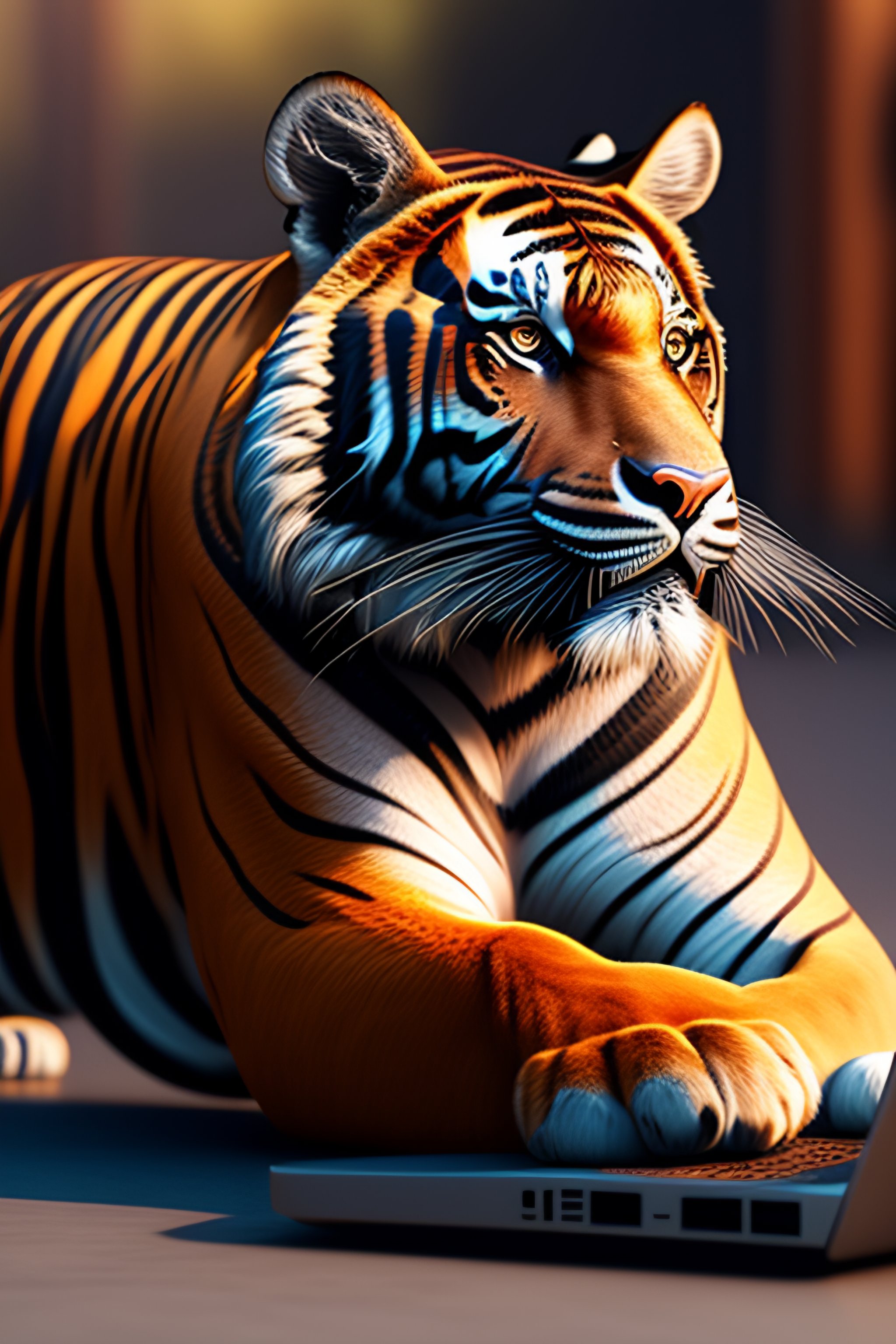 Lexica - Tiger using laptop, 3d render